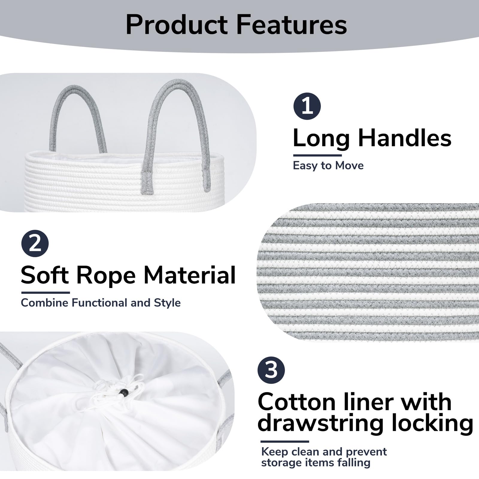 Goodpick Nursery Hamper, 60L Dirty Clothes Hamper for Toys, Blankets, Small Laundry Basket for Living Room, Laundry Bin, 15 x 20 Inches, White&Grey