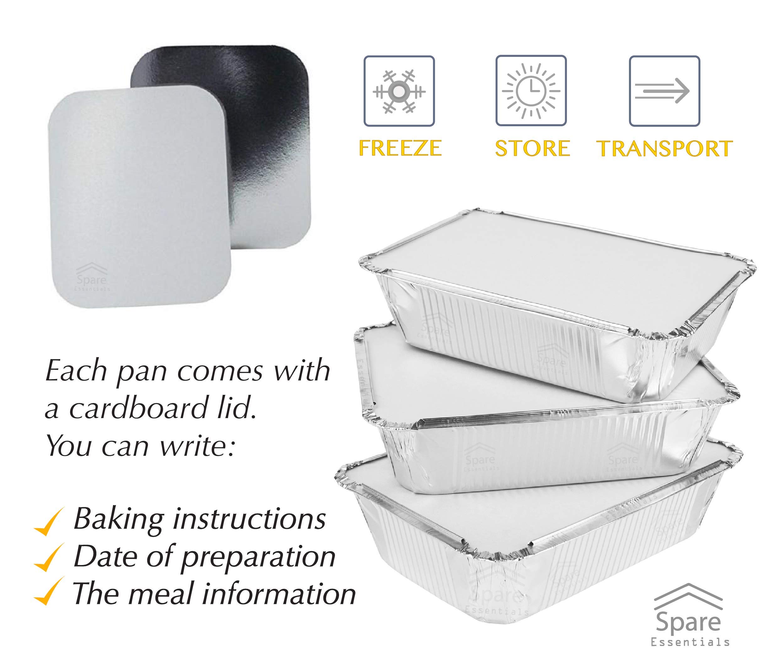 Spare Essentials 55 Pack - 2.25 LB To go Foil Containers with Lids - Disposable Aluminum Food Containers with Lids - Foil Take Out Containers - Meal Prep Trays Heat Proof Foil Tins Freezer Meals Pans