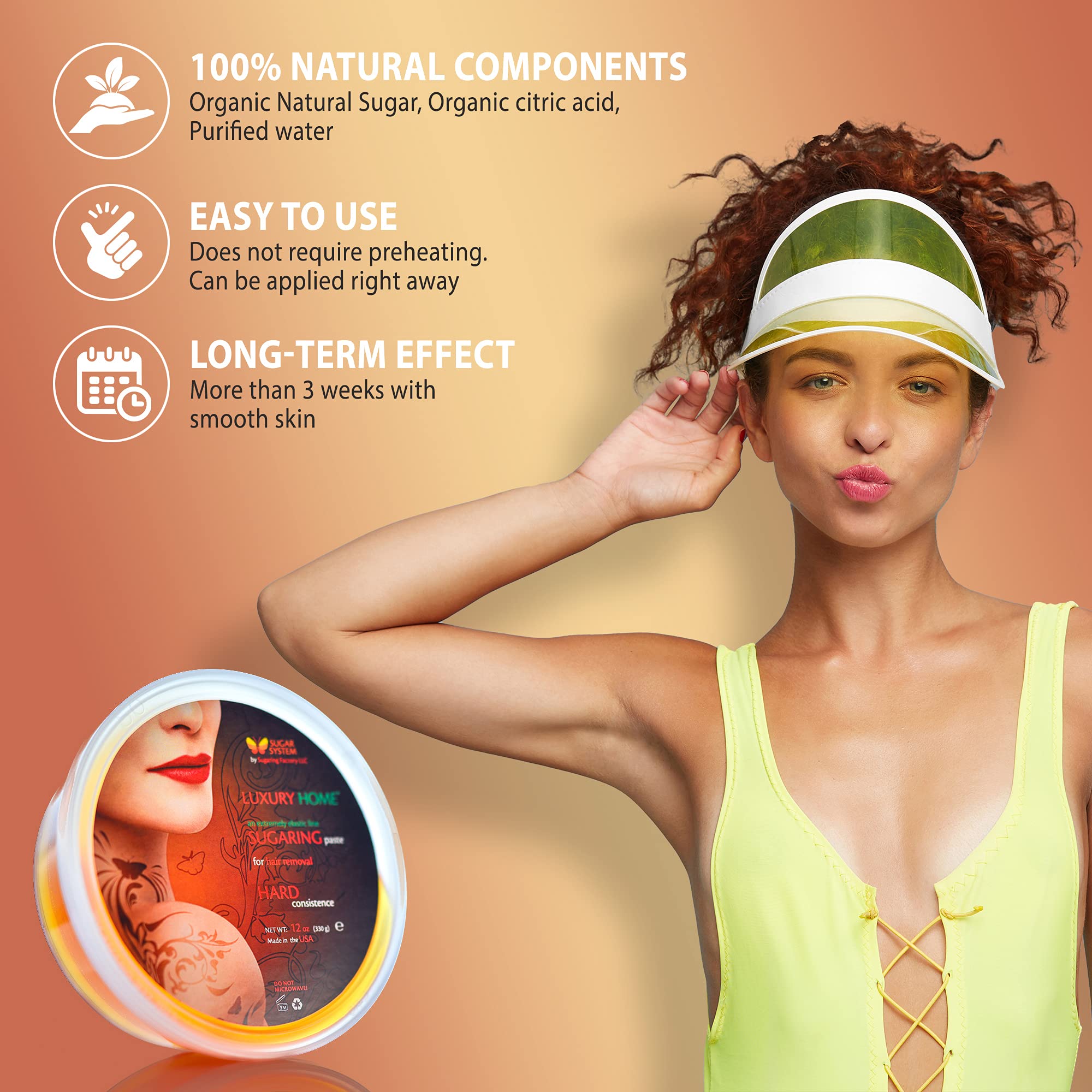 Sugaring Paste Hair Removal Hard Sugar Wax Kit - Luxury Home & Brazilian Bikini Sugar Paste for Body, Organic Depilation Made in USA, 12 oz - For Women and Men