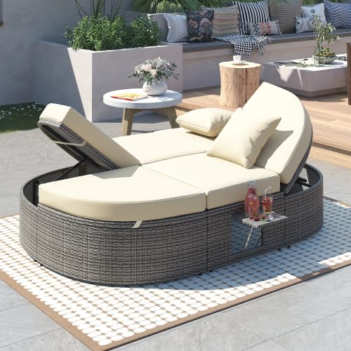 Bellemave Outdoor Sun Bed Patio 2-Person Daybed with Cushions and Pillows, Rattan Garden Reclining Chaise Lounge with Adjustable Backrests and Foldable Cup Trays for Lawn,Poolside(Beige)