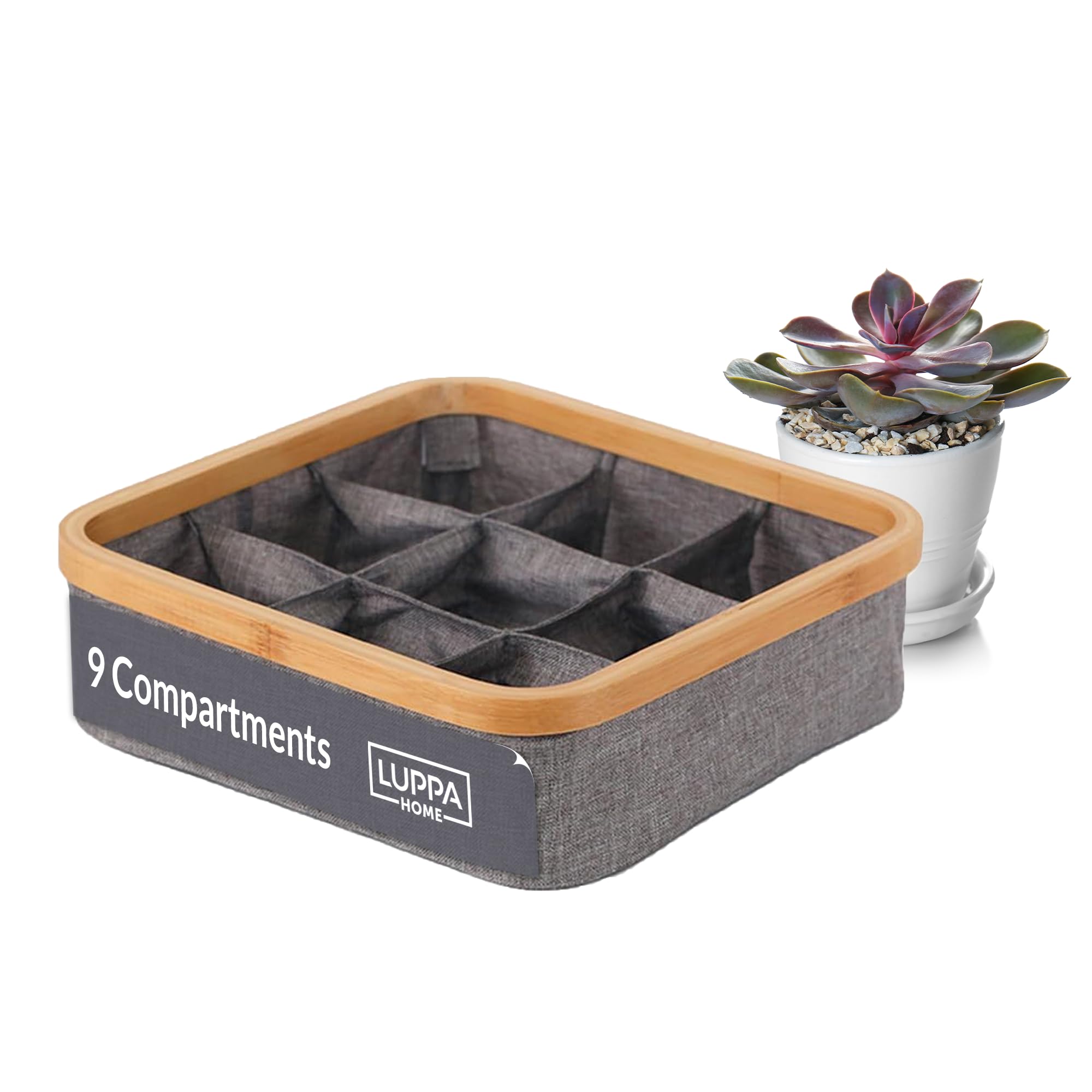 Bamboo Rim Storage Basket - 4 Compartments Foldable Frame and Fabric Shelf Bin - Large Organizer for Dirty Clothes, Towels, Blankets, Toys - Convenient Laundry Storage Sorter with Handles.