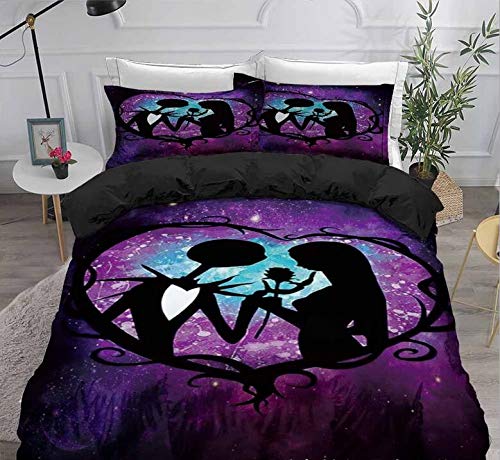 Vankie Nightmare Before Christmas Duvet Cover Sets, Jack and Sally Valentine's Day Rose Decor, 100% Microfiber Galaxy Bedding Set with Pillow Shams 3PCS Bedding, No Comforter Queen Size