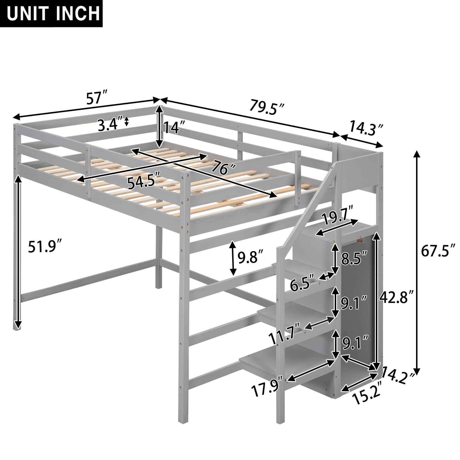 Bellemave Full Loft Bed with Stairs Wooden Loft Bed Frame with Storage Bookcase and Wardrobe Gray Loft Beds for Kids Boys Girls Teens Dorm Bedroom, Full Size