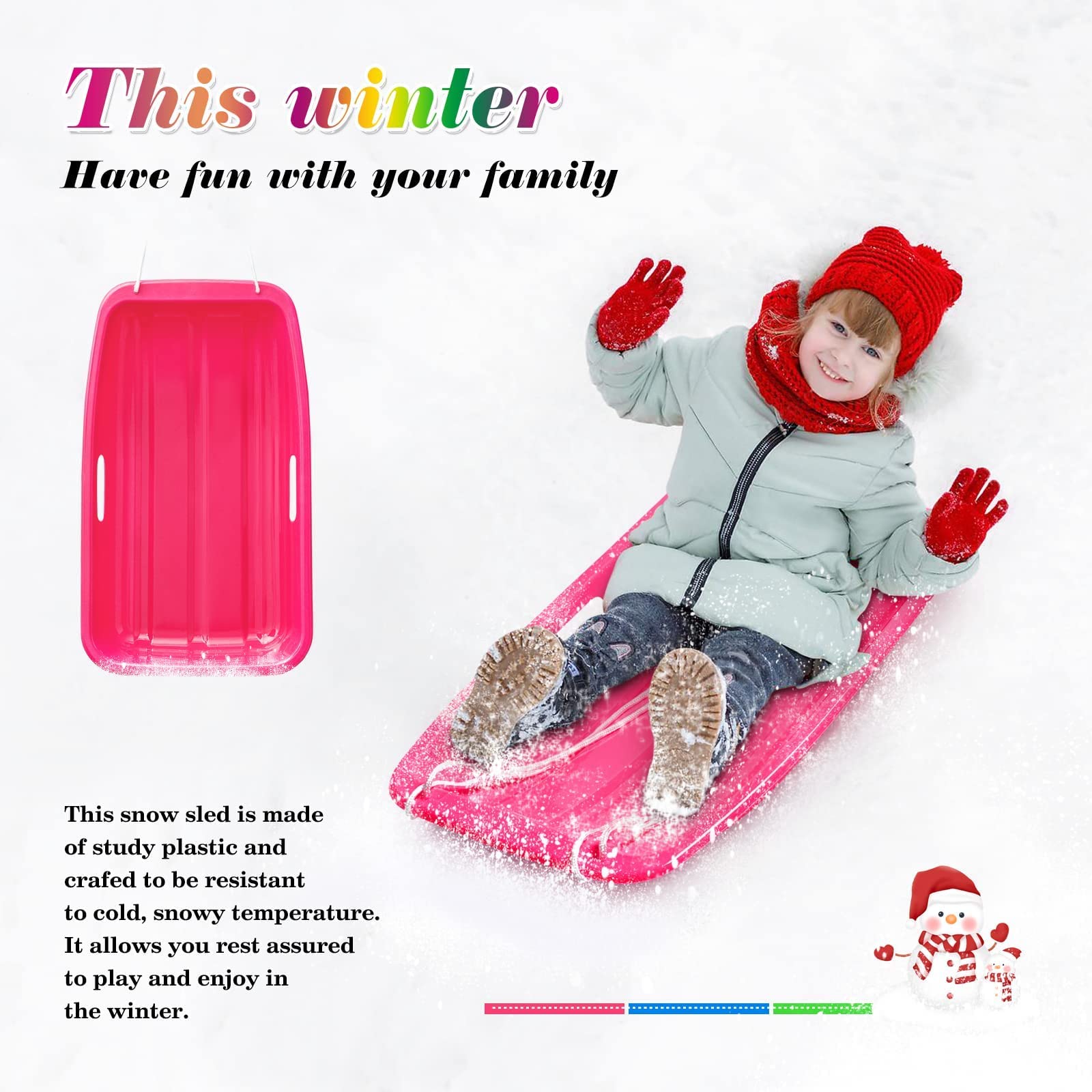 AGPTEK 25.6 Inch Durable Downhill Sprinter Toboggan Snow Sled for Boys Girls with Built-in Handles and Pulling Rope (Pink)