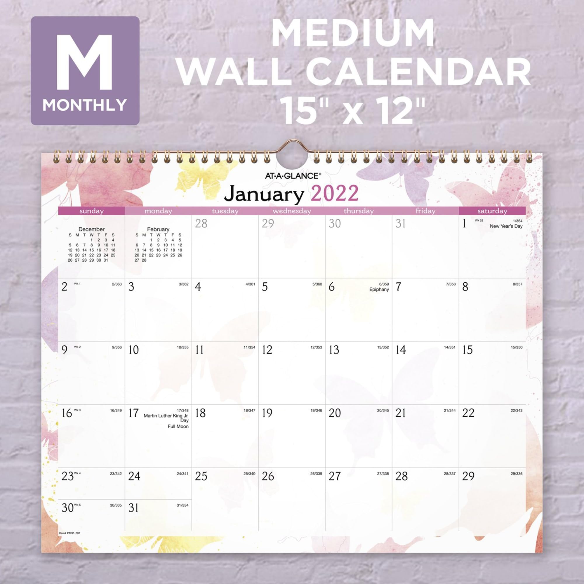 AT-A-GLANCE 2022 Wall Calendar by AT-A-GLANCE, 15" x 12", Medium, Monthly, Watercolors (PM91-707)