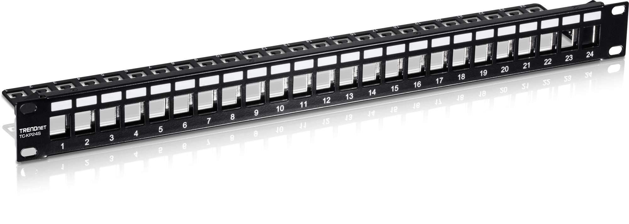 TRENDnet 24-Port Blank Keystone Shielded 1U Patch Panel, 1U 19" Rackmount Housing, Protects Against EMI/RFI Noise, Recommended with TC-K06C6A Cat6A Keystone Jacks (Sold Separately), Black, TC-KP24S