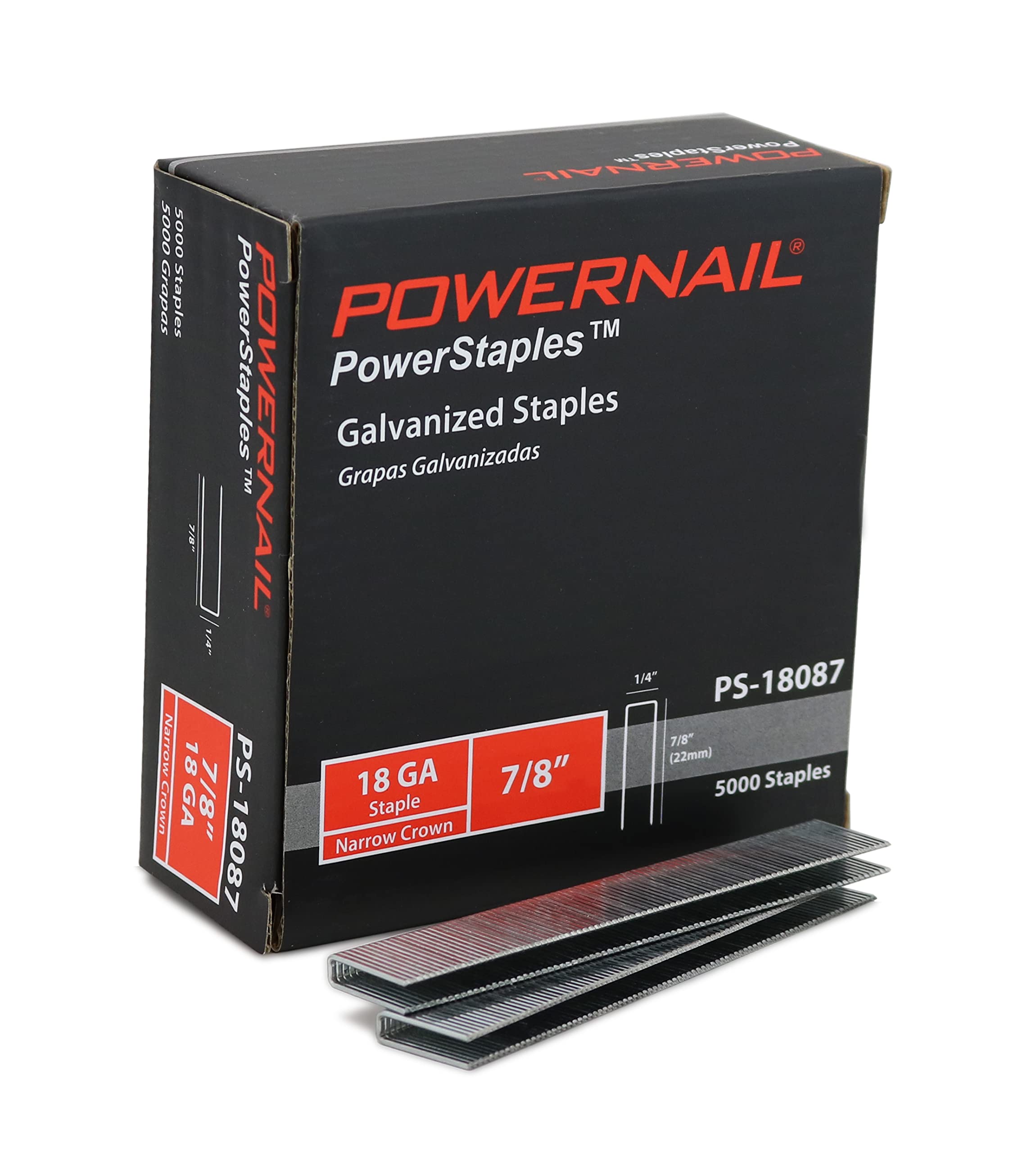 Powernail PS18087 18 Gauge 1/4 Inch Crown 7/8 Inch Length Chisel Point Narrow Crown Staple (Box of 5000)