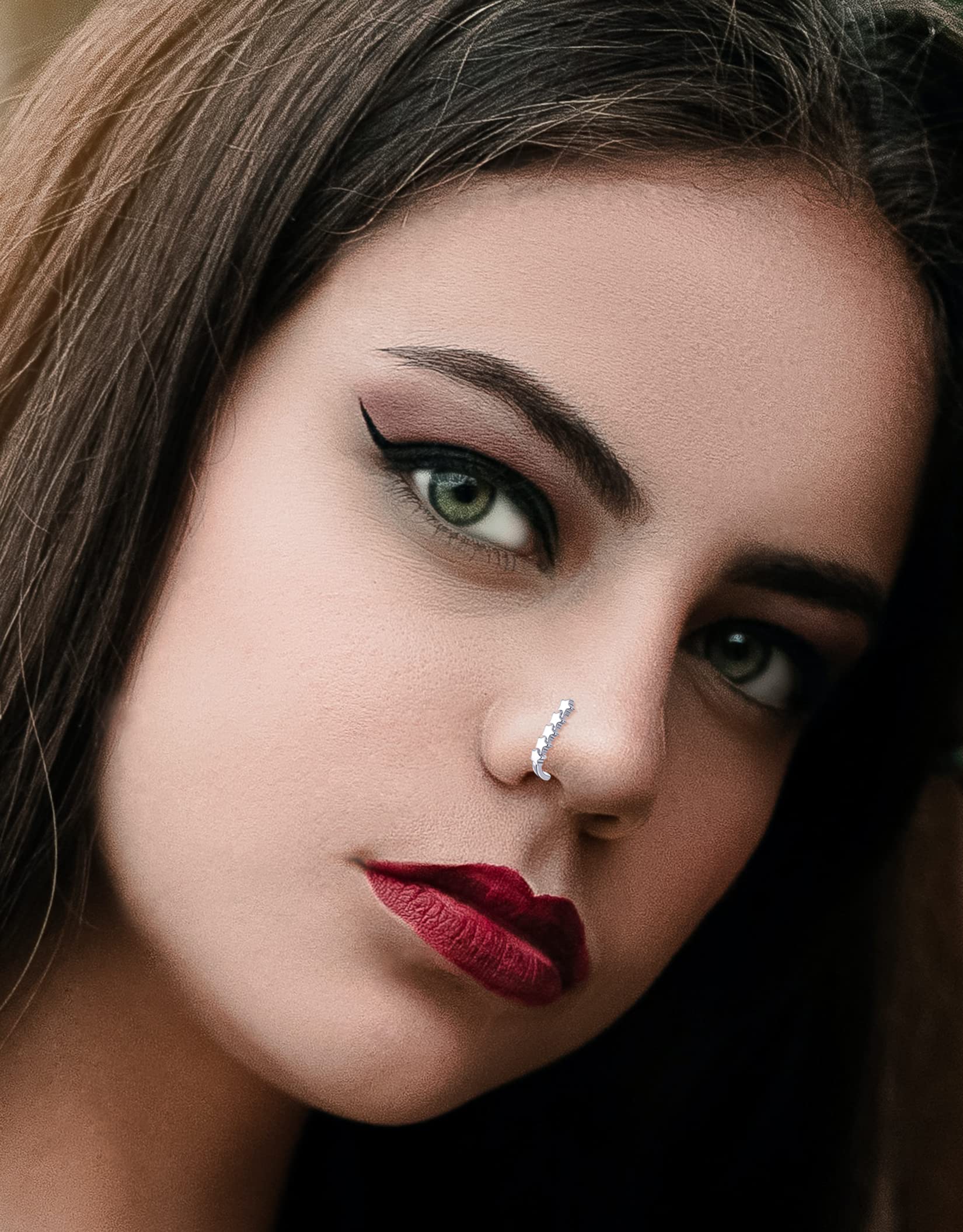 Akeoqi 6Pcs Nose Studs Nose Ring Inlaid Cubic Zirconia L Shaped Studs Lotus Star Heart Nose Nostril Piercing Jewelry for Women Men Sliver Tone 20G