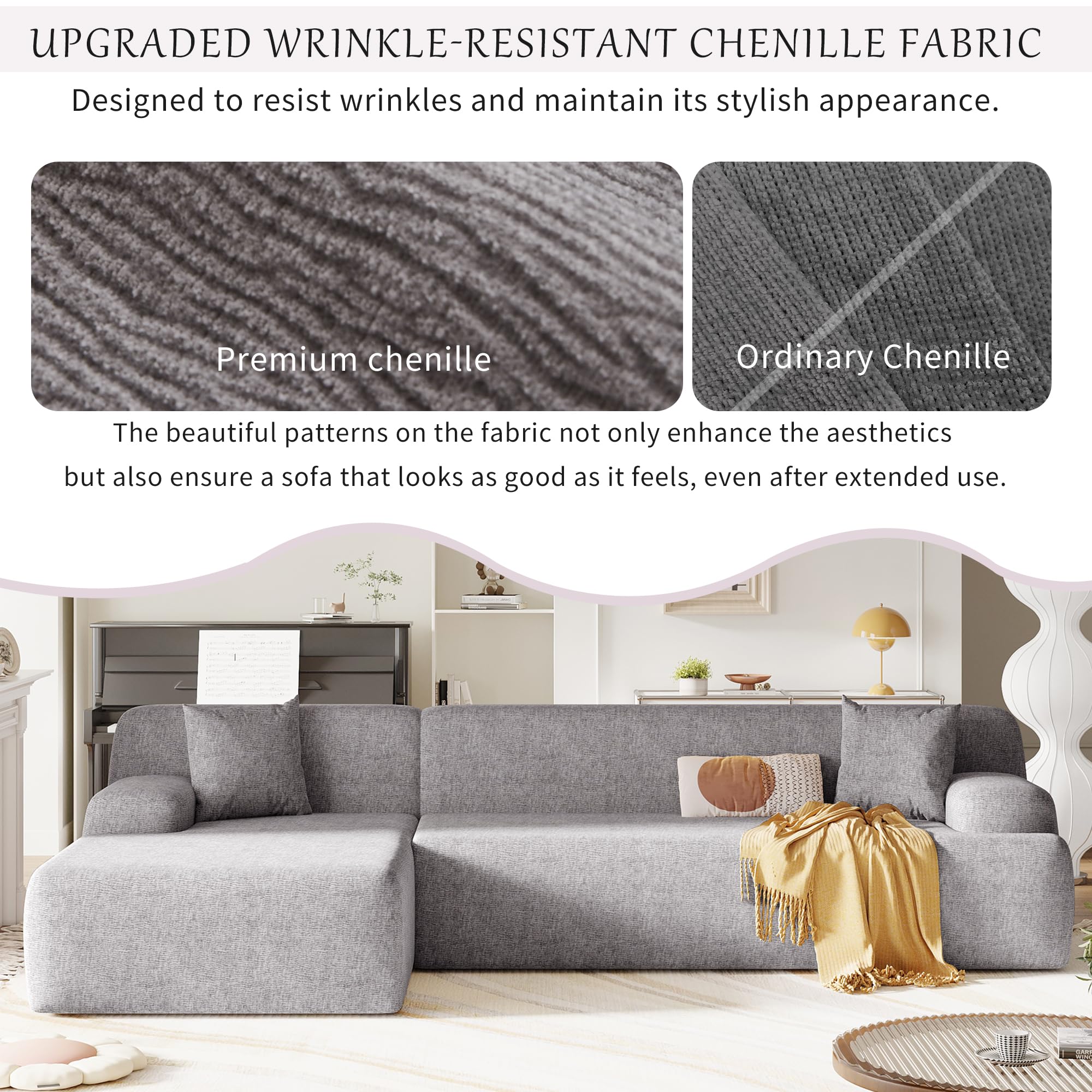 BAMOOLI 109'' Modular Sectional Couch, Modern L-Shape Floor Sofa with Chaise Lounge, Comfy Chenille Fabric Sponge Sofa Couch, Upholstered Corner Cloud Couch for Living Room, Bedroom, Apartment, Grey
