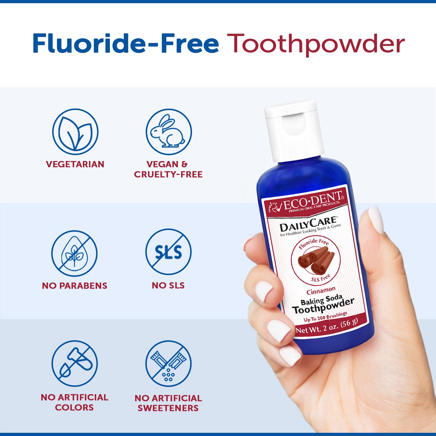 Eco-Dent DailyCare Baking Soda Toothpowder, Cinnamon - Fluoride-Free Toothpaste Powder, SLS-Free Tooth Powder with Baking Soda, Minerals, and Essential Oils, Toothpaste Alternative, 2 Oz