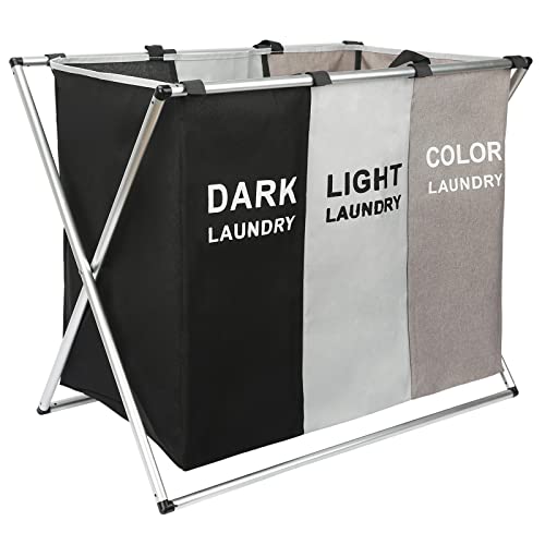 Laundry Cloth Hamper Sorter Basket Bin Foldable 3 Sections with Aluminum Frame Washing Storage Dirty Clothes Bag for Bathroom Bedroom Home Storage Basket (Black+Gray+Coffee, 3 Liner)