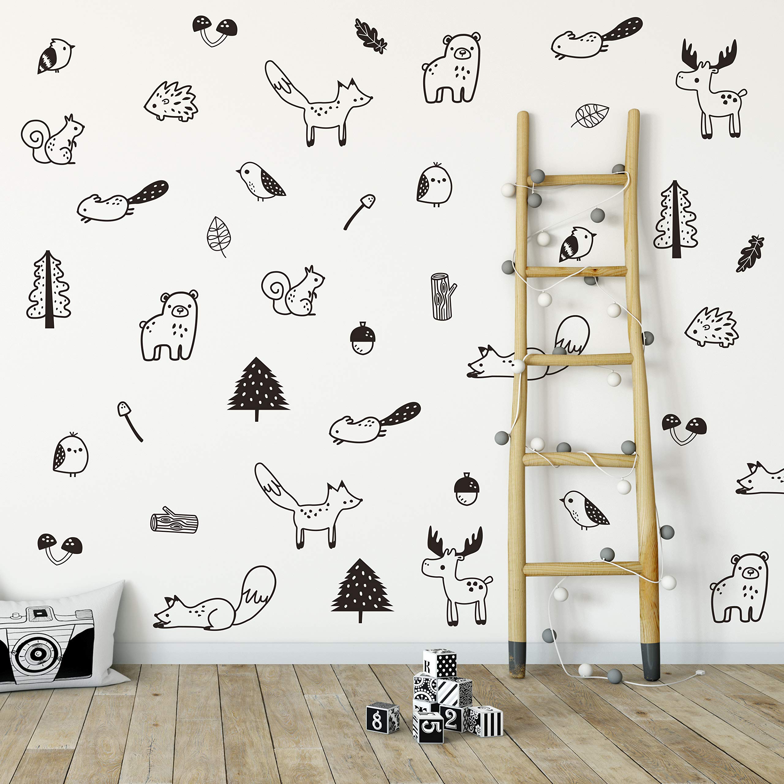 The Boho Design Forest Animal Wall Decals Peel and Stick for Kids, Baby Bedroom Nursery and Living Room, Vinyl Wall Stickers Decor, Original Artist Design. 36 pcs Adhesive Nordic Style (Black)