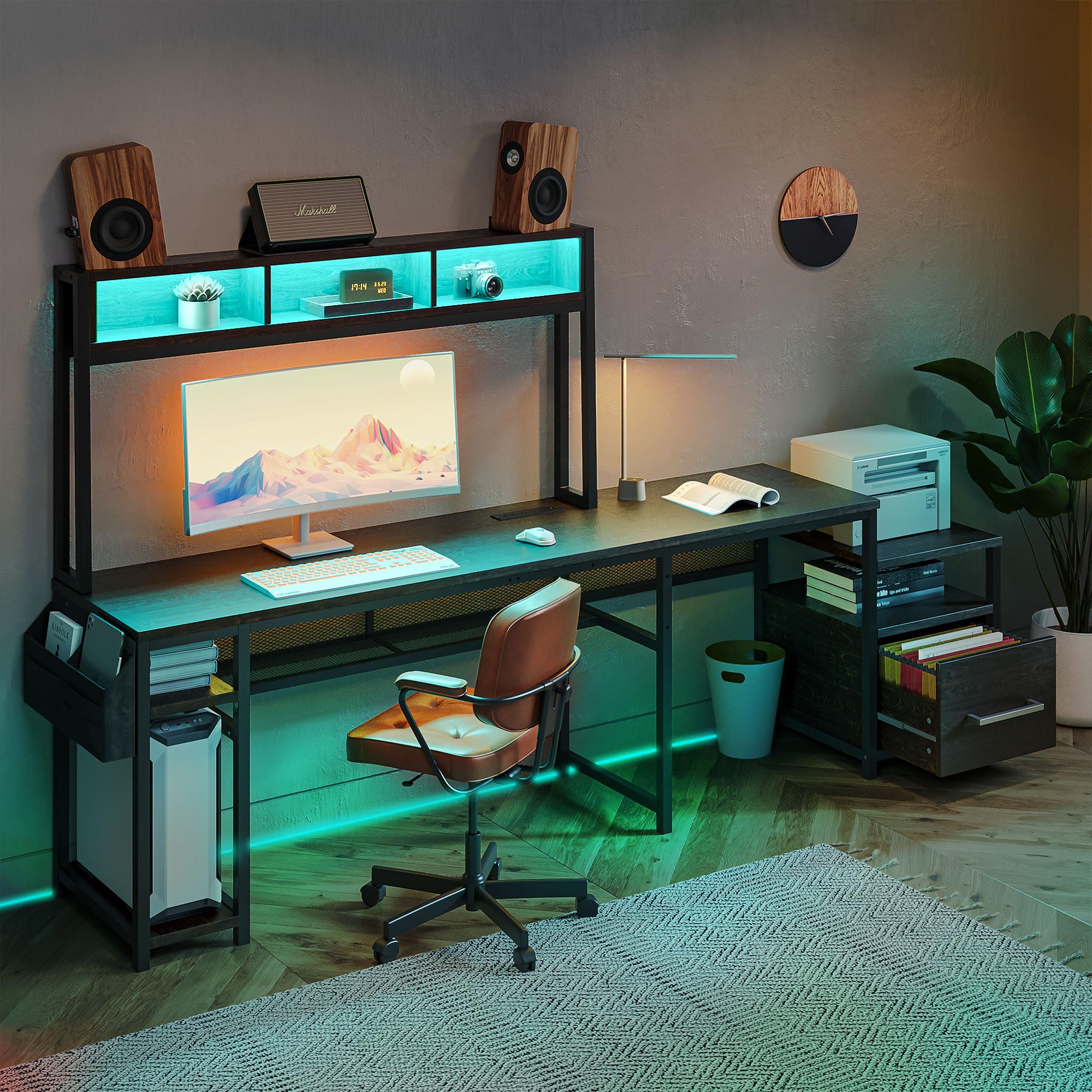 BELLEZE Computer Desk with Hutch and File Cabinet, 104" Long Gaming Desk with RGB LED Lights and USB AC Outlet, Reversible L-Shaped Desk for Home Office (Eclipse - Brown)