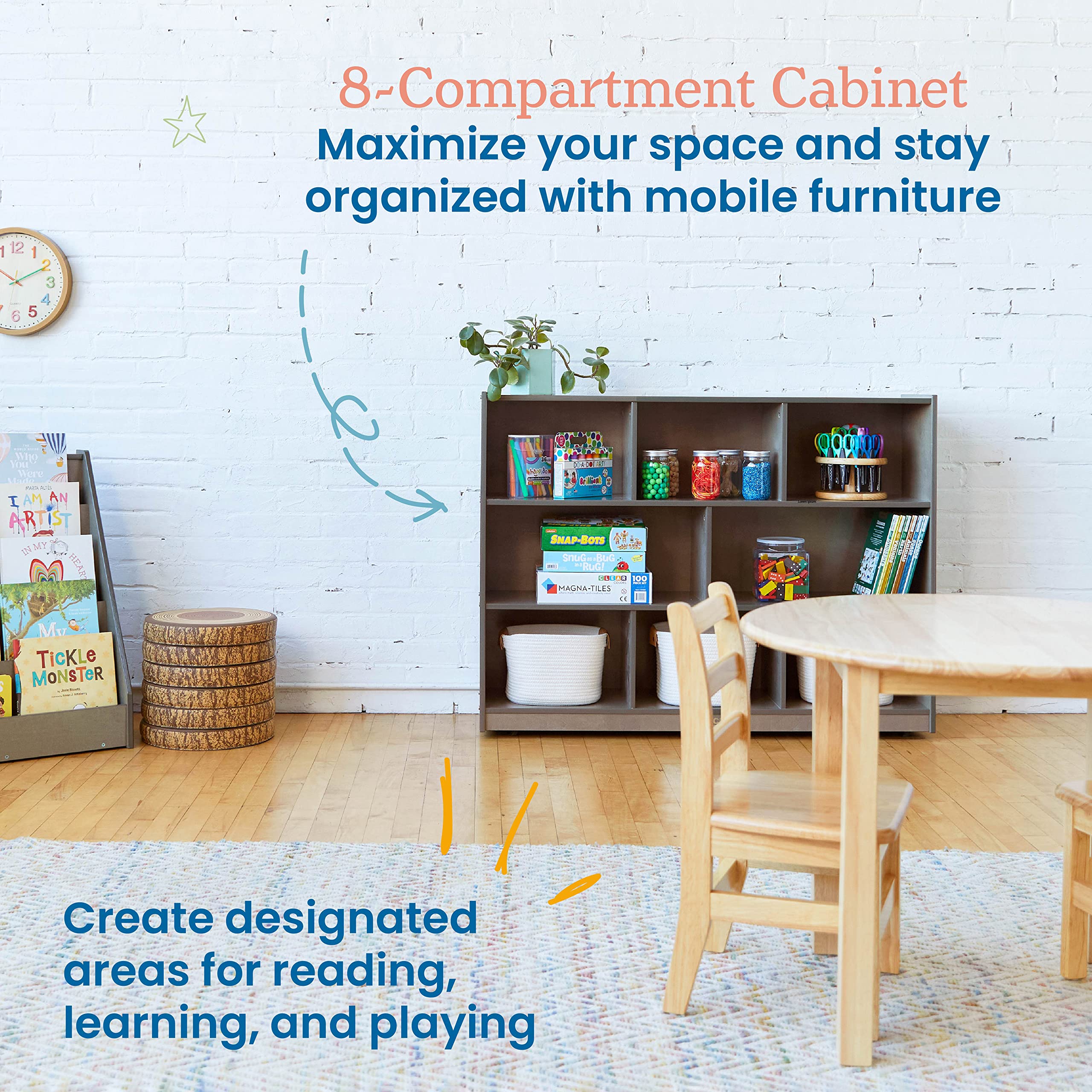 ECR4Kids 8-Compartment Mobile Storage Cabinet, 36in, Classroom Furniture, Grey Wash