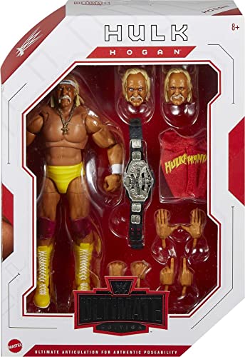 Mattel WWE Ultimate Edition Action Figure & Accessories Set, Hulk Hogan 6-inch Collectible with 30 Articulation Points, Swappable Pieces & Entrance Gear