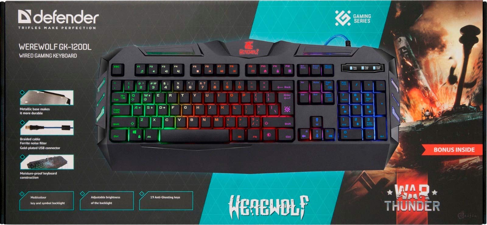 Defender Rainbow Backlit Gaming Keyboard – 104 Keys – 19 Anti Ghost Keys – Adjustable Brightness – Quick, Accurate & High Performance Ergonomic Keyboard – Equally Suitable for Windows PC or Mac