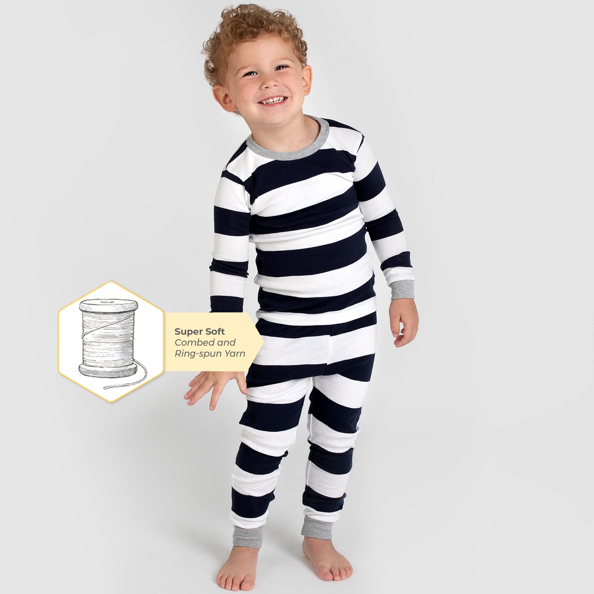 Burt's Bees Kids Boys' Toddler Pajama Tee and Pant Set, 100% Organic Cotton, Midnight Rugby Stripe, 7 Years