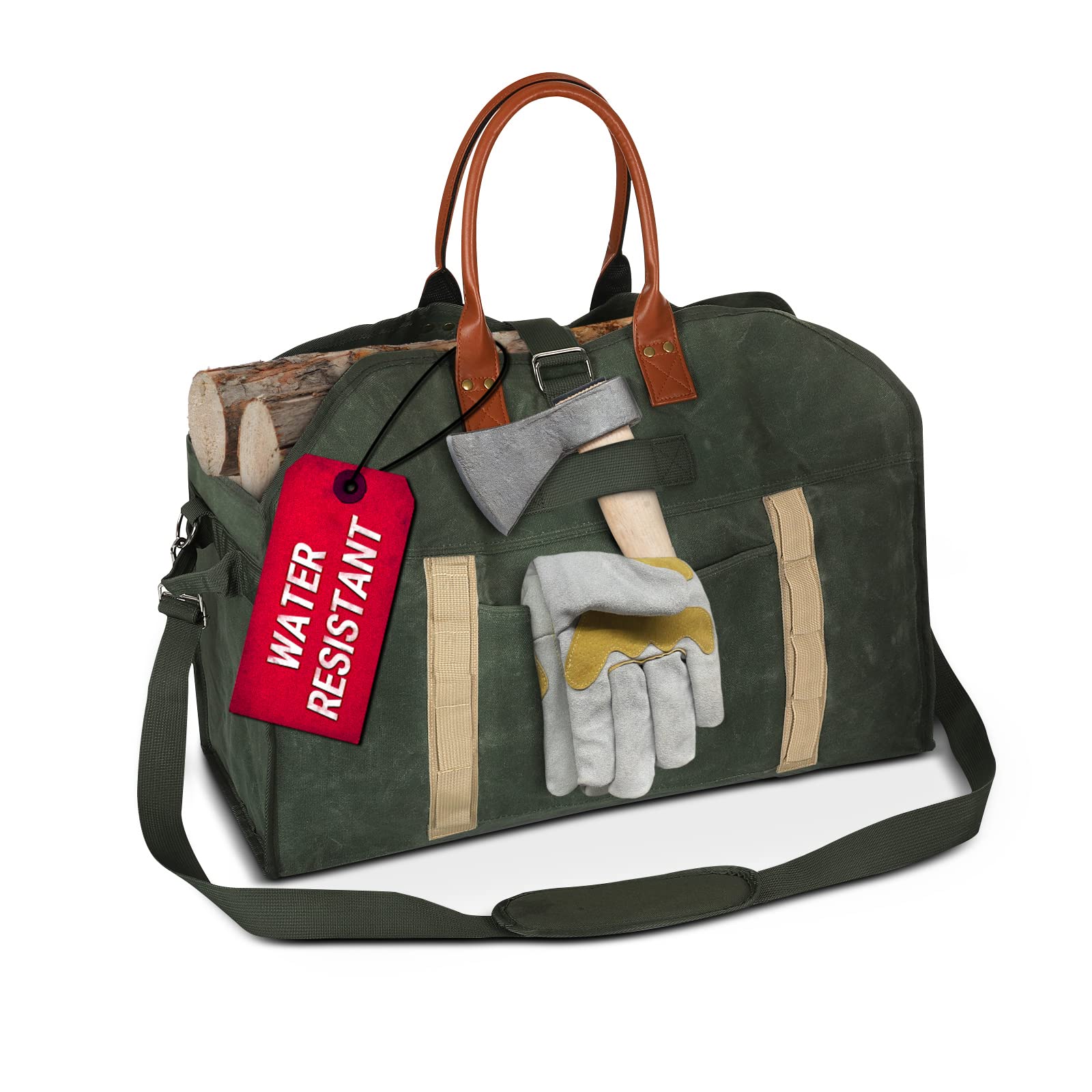 EIVOTOR Multifunction Firewood Carrier Bag, Extra Large Waxed Canvas Wood Log Carrier for Firewood with Soft Handles and Adjustable Shoulder Strap, Firewood Holder Tote Bag for Indoor Home or Camping