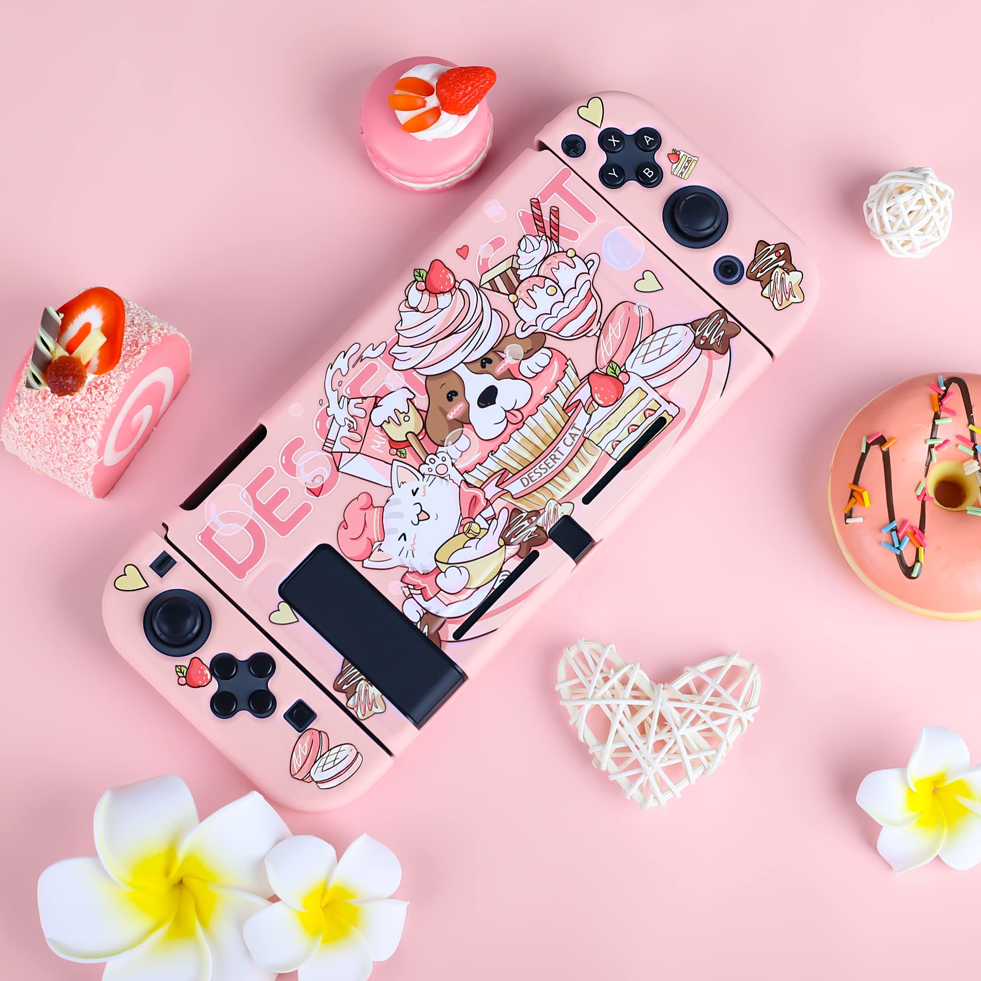 Cute Case for Nintendo Switch, FANPL Soft TPU Protective Cover Compatible with Switch Console and Joy Con Controller, Pink Dockable Shell, Kawaii Switch Skin Accessories - Dessert Cat & Dog Pattern