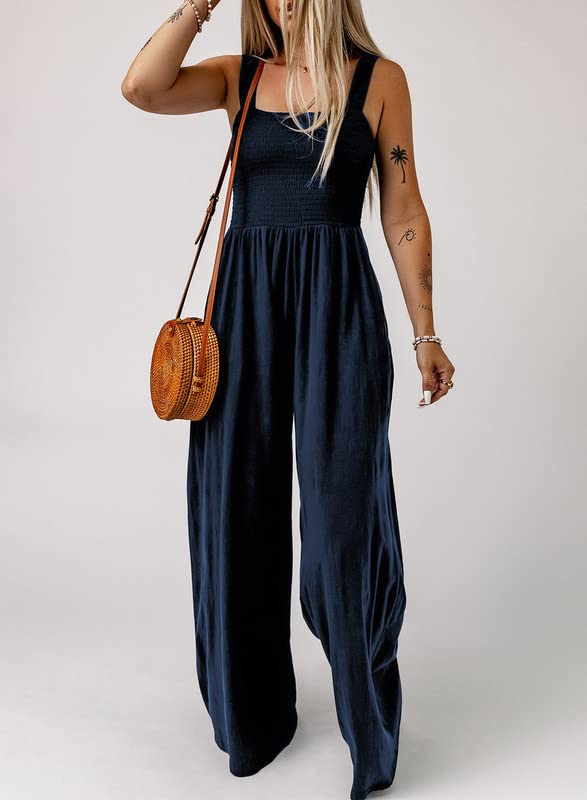 Dokotoo Womens Overalls Blue Jumpsuits for Women Casual Loose Fit Solid Color Wide Leg One Piece Sleeveless Jumpsuit Long Pant Rompers with Pockets Medium