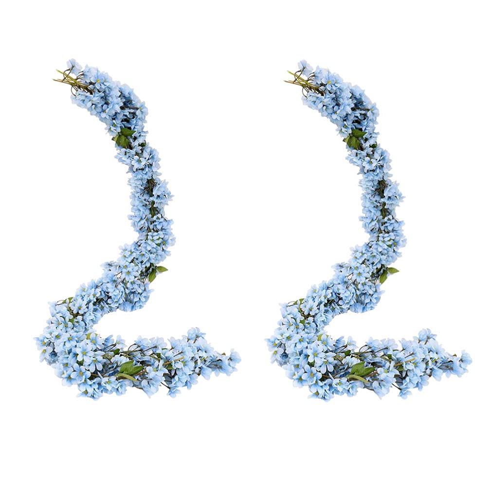 DOITOOL 2pcs Artificial Hydrangea Flower Vine Wisteria Vines Cattleya Flowers Plants for Wedding Party Home Garden Wall Decoration Sky- Blue