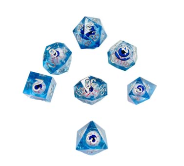 DND Eyeball Dice-Set Sharp Edges - IDTQ Dungeons and Dragons Polyhedral Blue Bloodshot Translucent Dice Set RPG MTG Table Games D4 D6 D8 D10 D12 D20 (Blue Eye)