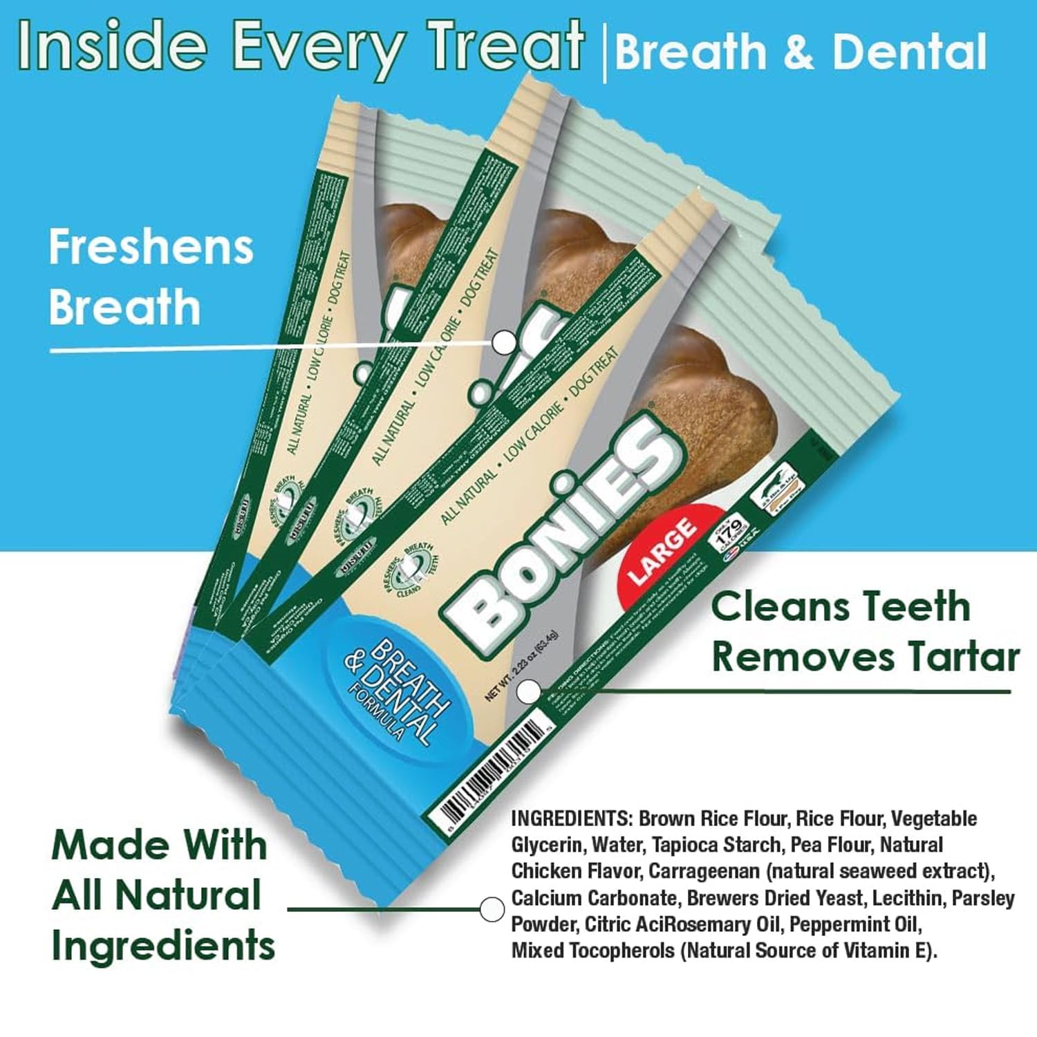 Bonies Natural Breath and Dental Formula Medium-Sized Single Bone - All-Natural Ingredients, Fresh Breath, Cleans Teeth, Low Calories, Chicken Flavor, 1 Bone