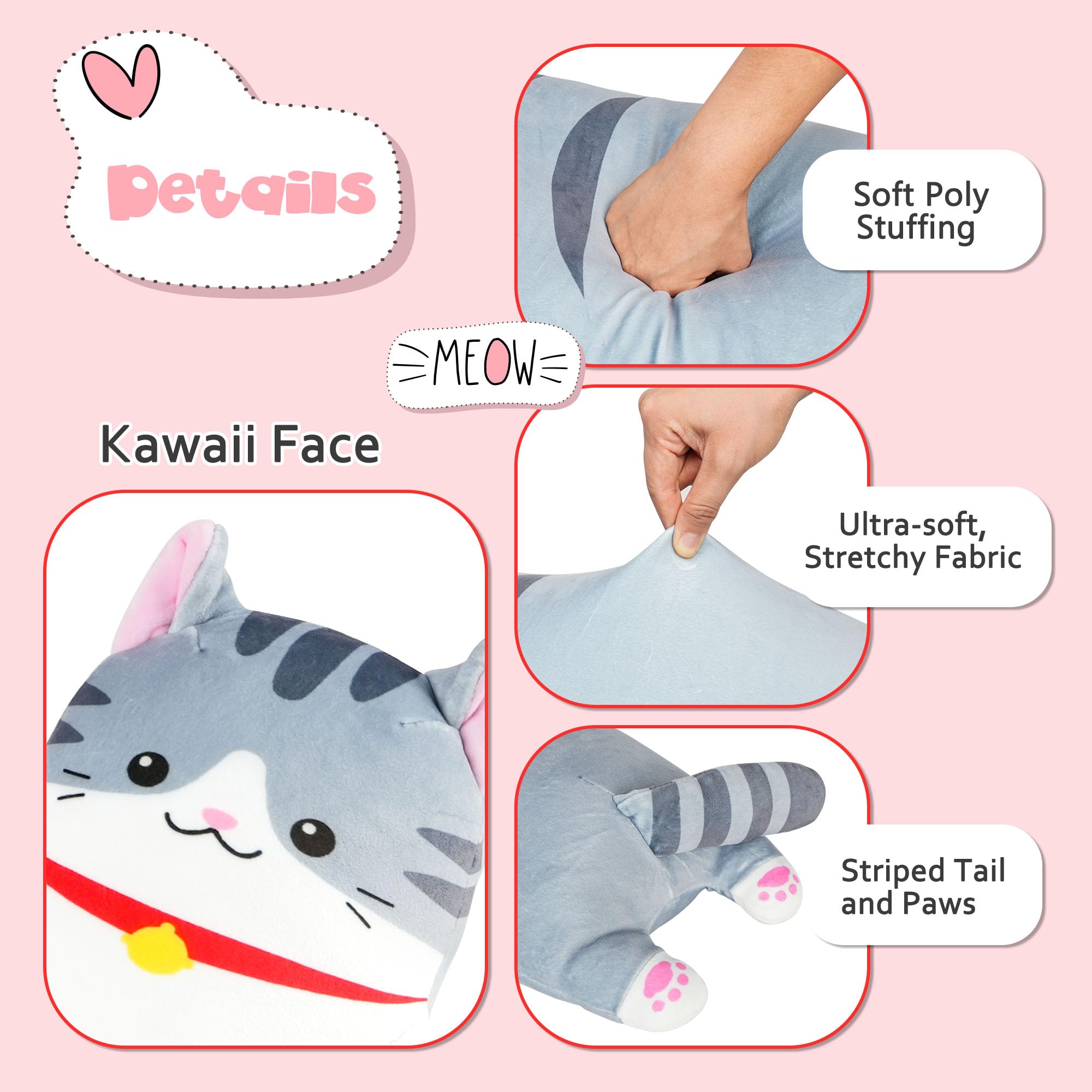 BenBen Long Cat Plush Pillow, 43 inch Cat Stuffed Animal, Cute Body Pillow for Adults, Kids, Soft Cuddle Pillow, Large Huggable Kitten Plushies Gift for Birthday, Christmas