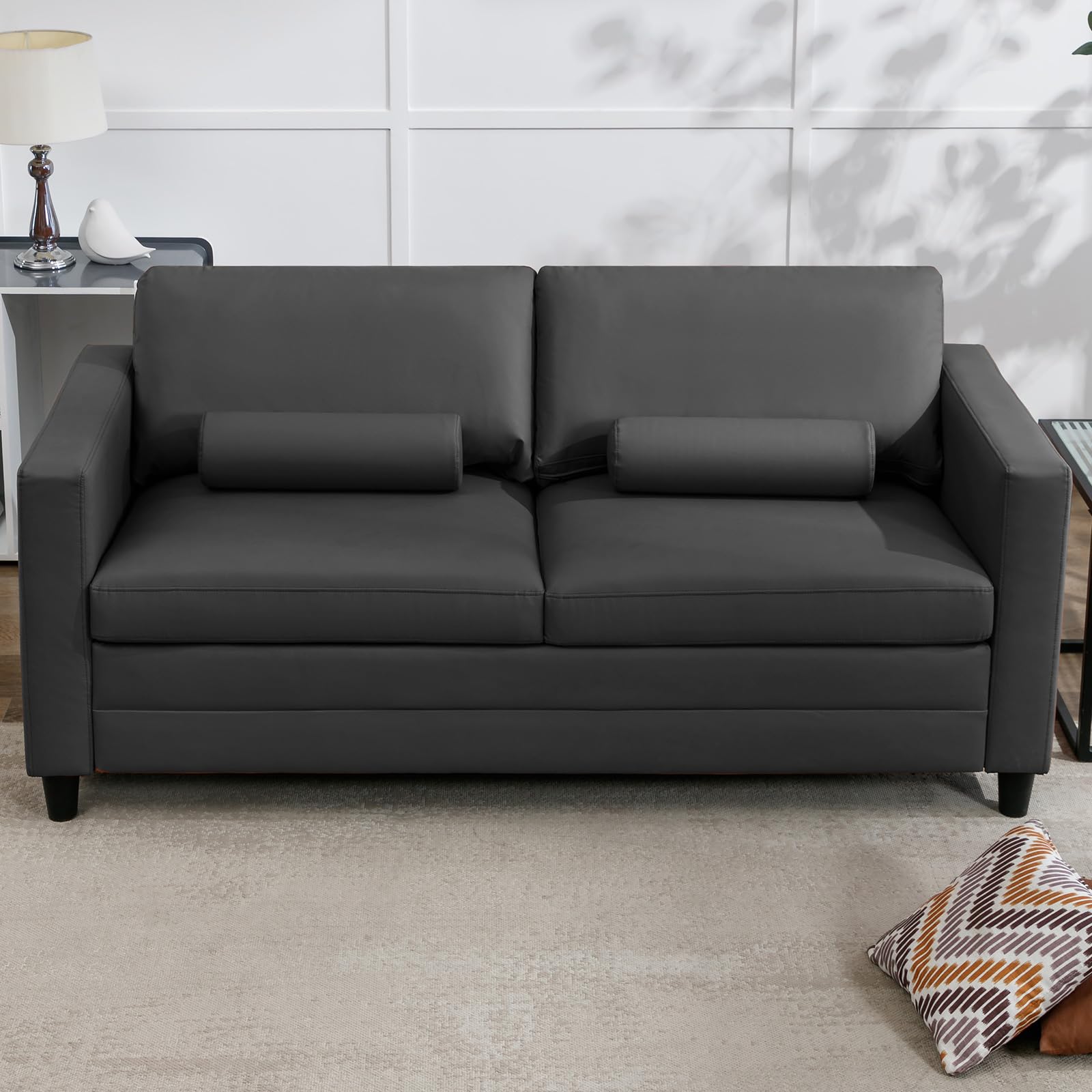 BALUS Faux Leather Pull Out Sofa Bed, 2-in-1 Queen Size Couch Bed with Fold Out Mattress, Modern Convertible Sleeper Sofa Couch, Leather Loveseat Futon Couches for Living Room-Dark Grey