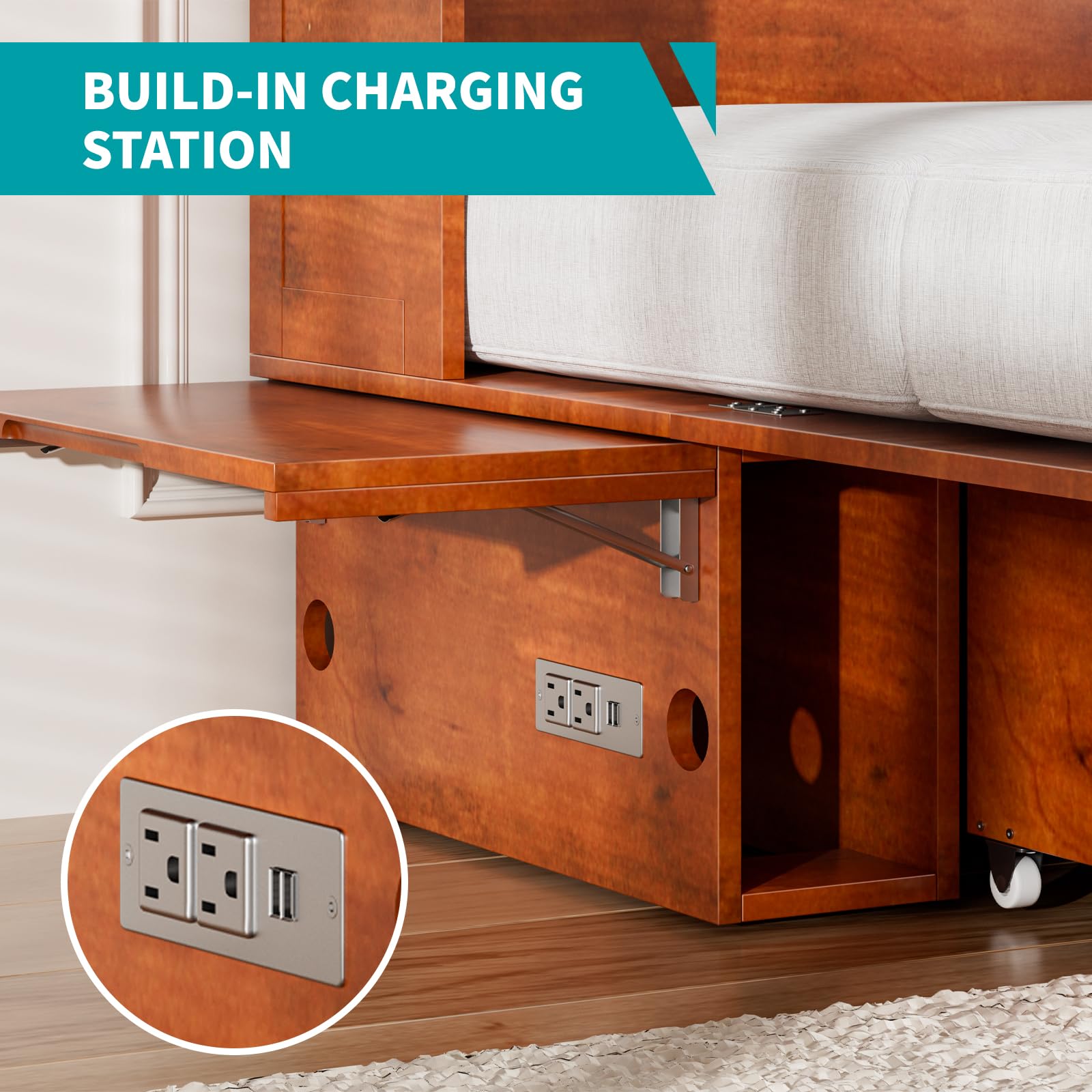BALUS Murphy Bed Cabinet, Queen Size Cabinet Bed with Tri-fold Mattress, USB Charging Station, Storage Drawer, Folding Night Stand Trays/Convertible/Easy Assembly/Space Saving - Cherry