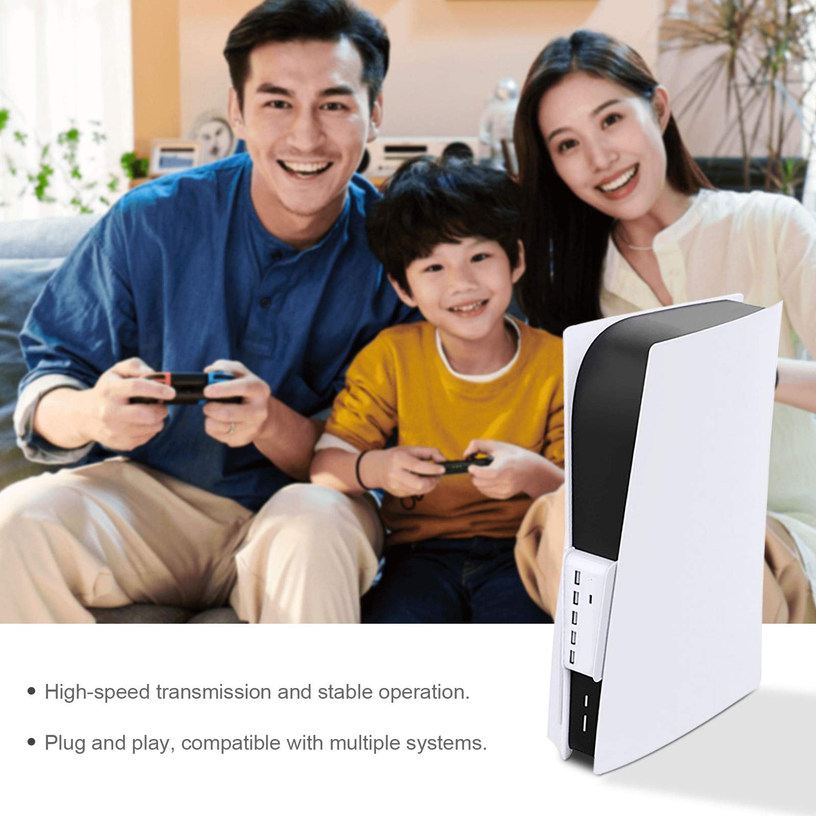 AKNES 5 Port Hub for PS5 Console, USB 2.0 High-Speed Expansion Hub Charger Controller Adapter Connector Compatible with PS5 Gaming Console,Expands Game Console Ports, White