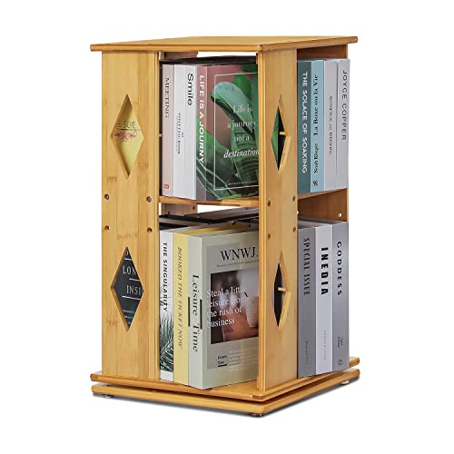 MoNiBloom Desktop Bookshelf 360 Degree Rotating 2 Tier Bookcase Bamboo Storage Organizer Shelves for Dormitory Living Room Children's Student, Natural