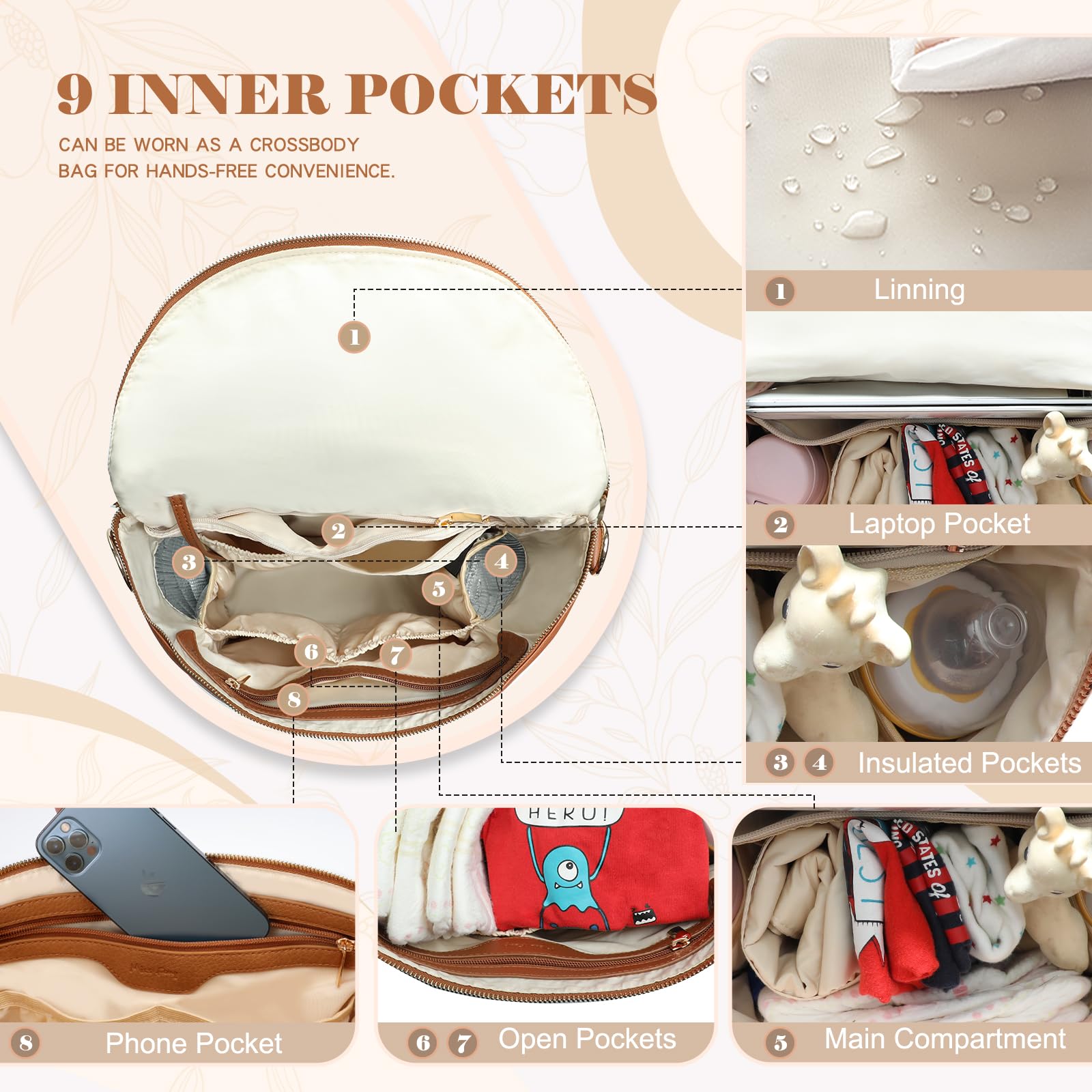 miss fong Diaper Bag Backpack Baby Diaper Bag, Large Leather Diaper Bag Backpack with Changing Pad, Stroller Straps, and 2 Insulated Pockets(Convertible, Brown)