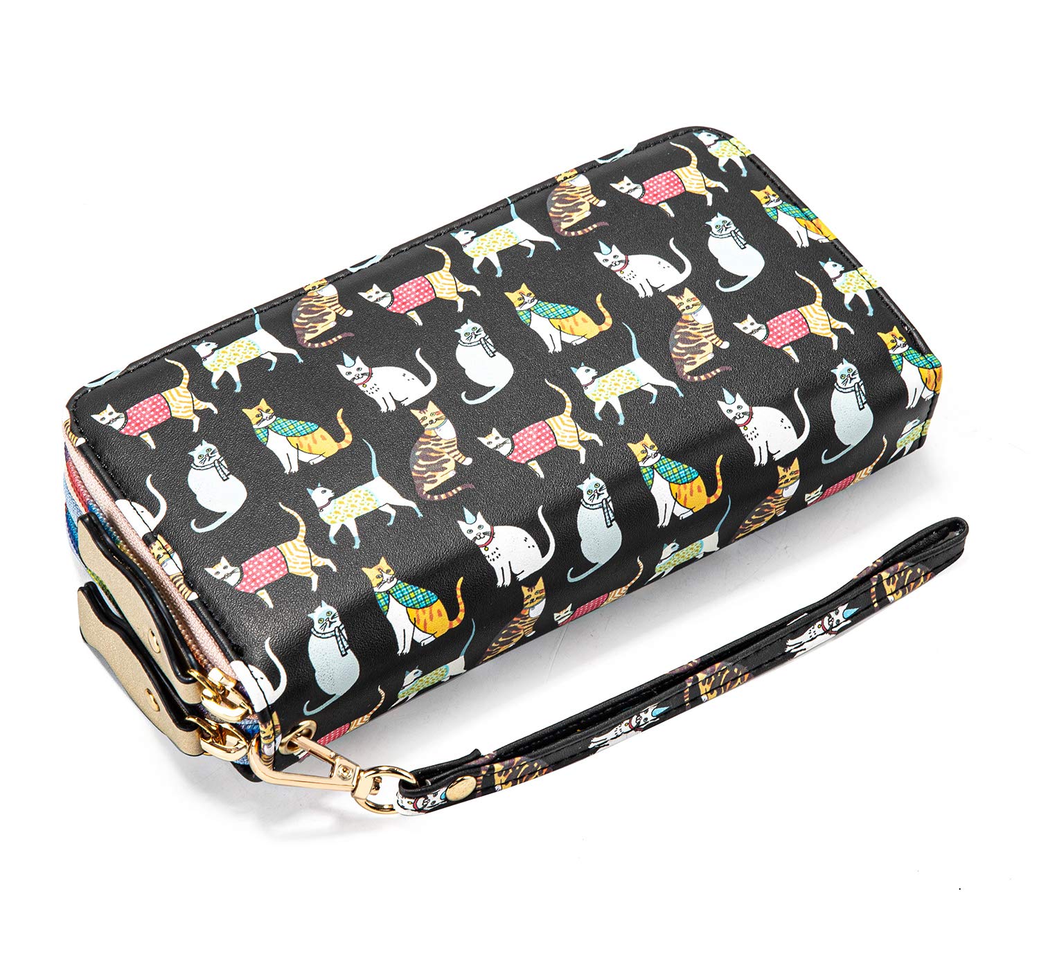 Ecohaso Womens Wallet, Large Capacity Cellphone Wallets Cute Cat Pattern, Double Zipper Long Leather Wristlet Clutch Purse
