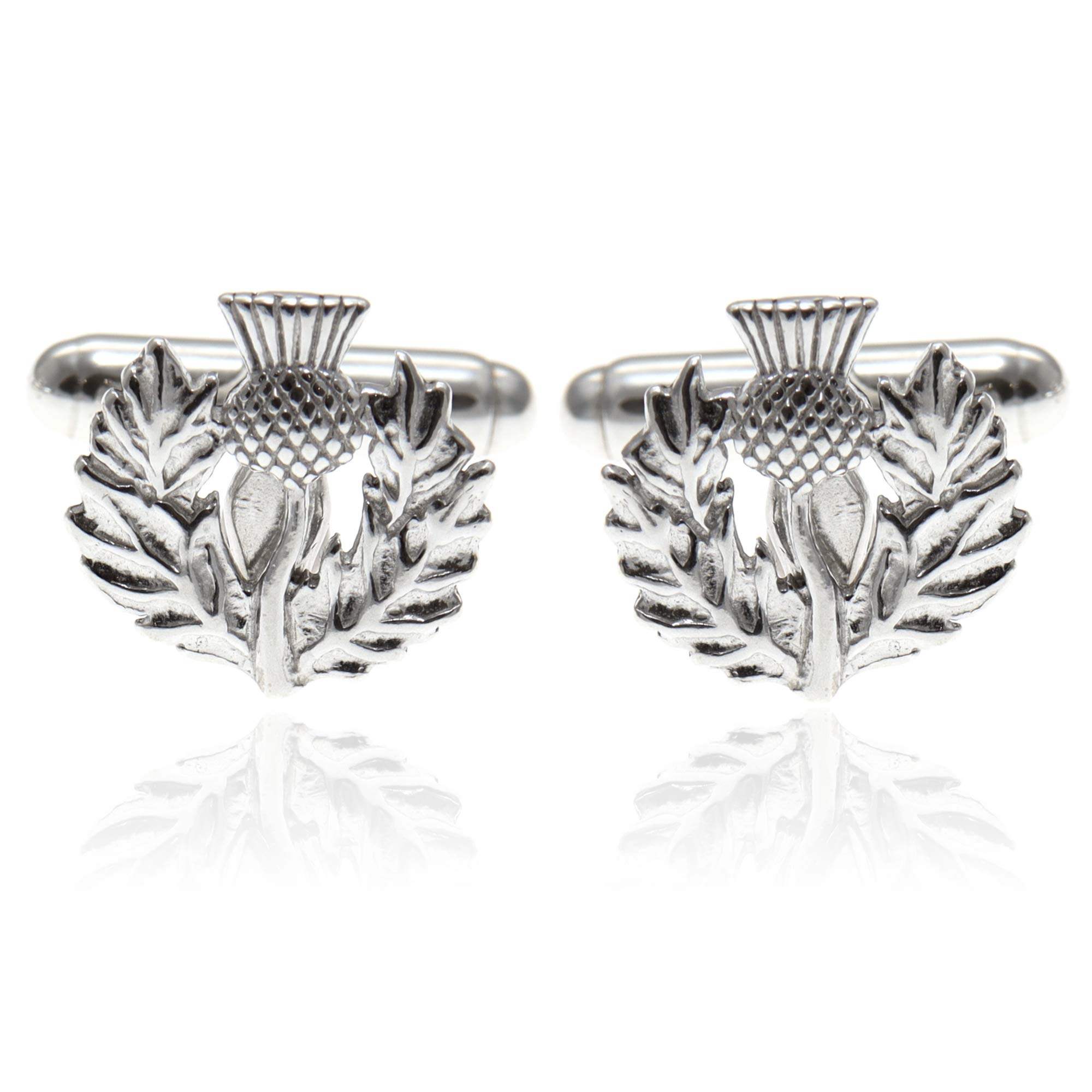 Alexander Castle 925 Sterling Silver Scottish Thistle Cufflinks - Scottish Jewelry Silver Cuff Links for Men with Jewelry Gift Box - 15mm x 14mm