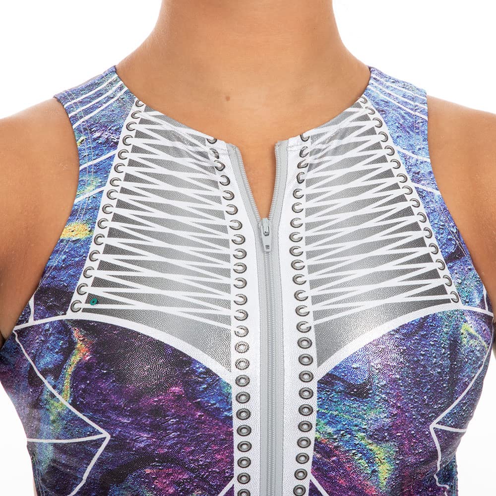 Alexandra Collection Womens Galaxy Princess Zipper Front Bodysuit Leotard Metallic Performance Dance Costume Intercosmic