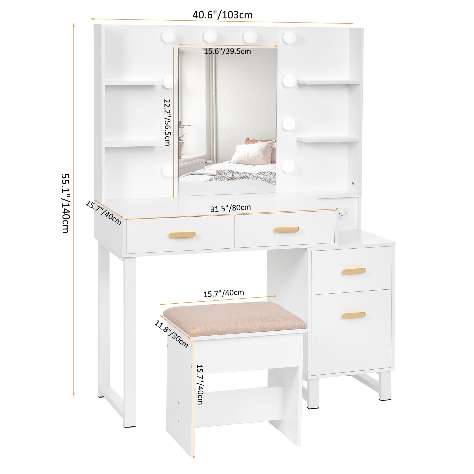 ANWBROAD Makeup Vanity Desk Vanity Set with 10 LED Bulbs Lighted Mirror Makeup Vanity Table Set with Charging Station Nightstand 3 Colors Modes Dimming Cushioned Stool Large Mirror White UBDT53W