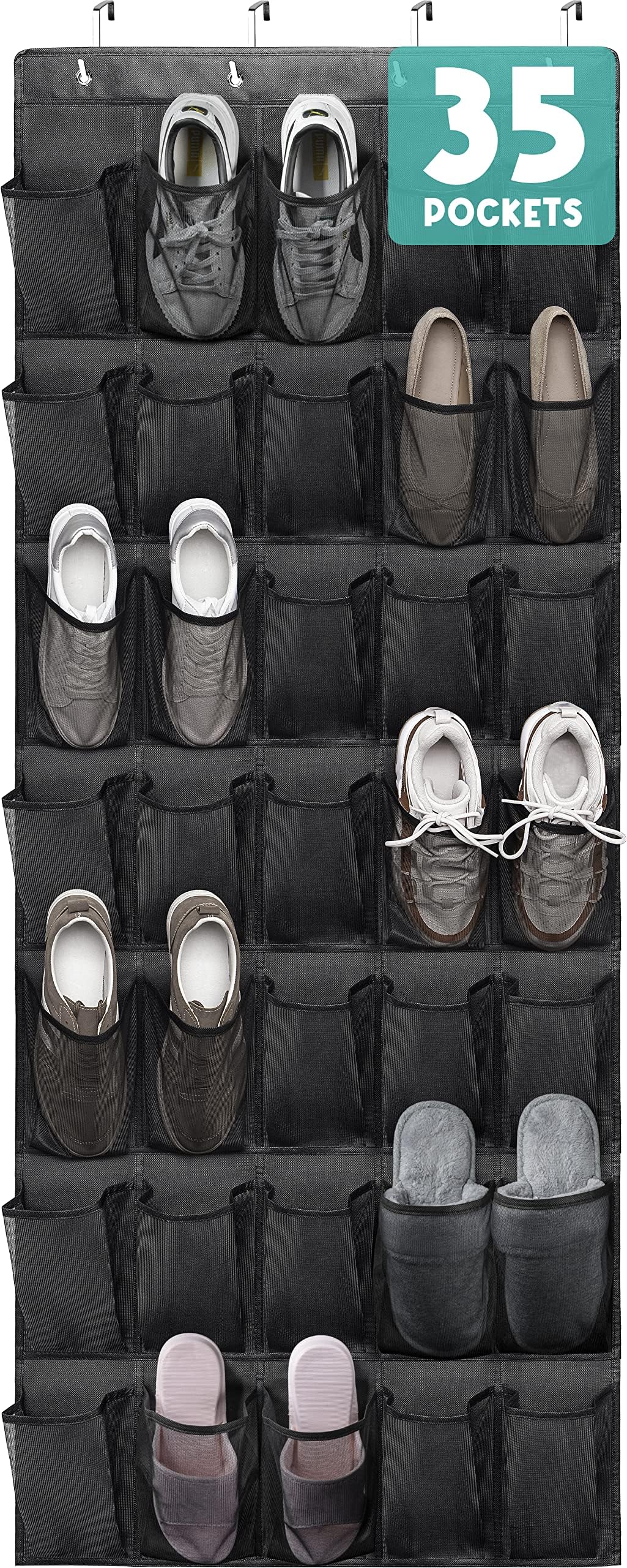 Tiblue Over The Door Shoe Organizers 35 Mesh Pockets Hanging Shoe Organizer Shoe Rack For Closet Entryway Bedroom Bathroom Pantry Shoe Holder, Men Sneakers, Women High Heeled Shoes, Flip Flops Black