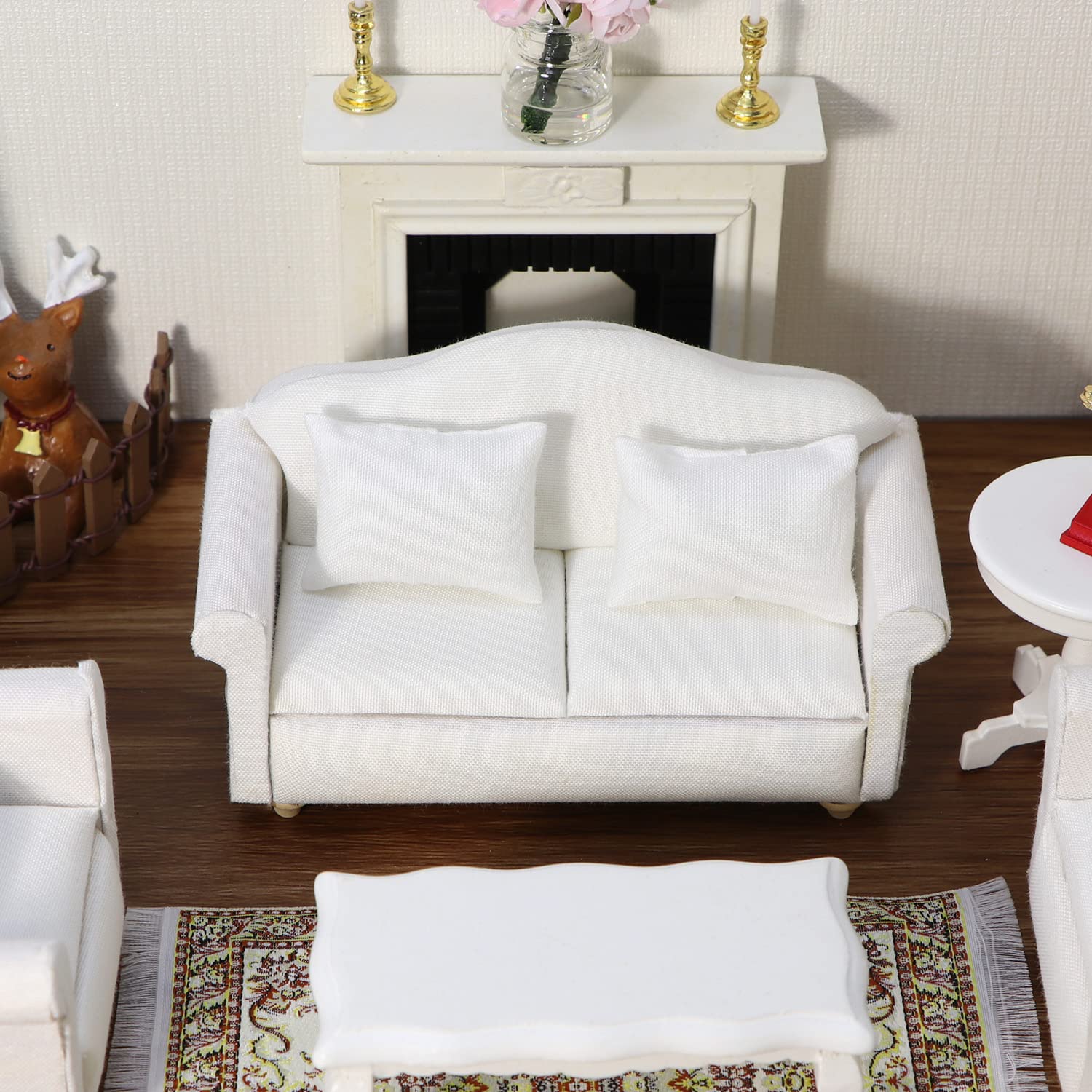 Dollhouse Couch Miniature Sofa with Pillows Dollhouse Living Room Funiture 1:12 Scale Model 3 Pcs High Simulation Upholstered Wooden Fabric Armchair Mini Room Artificial House Scene Decoration (White)