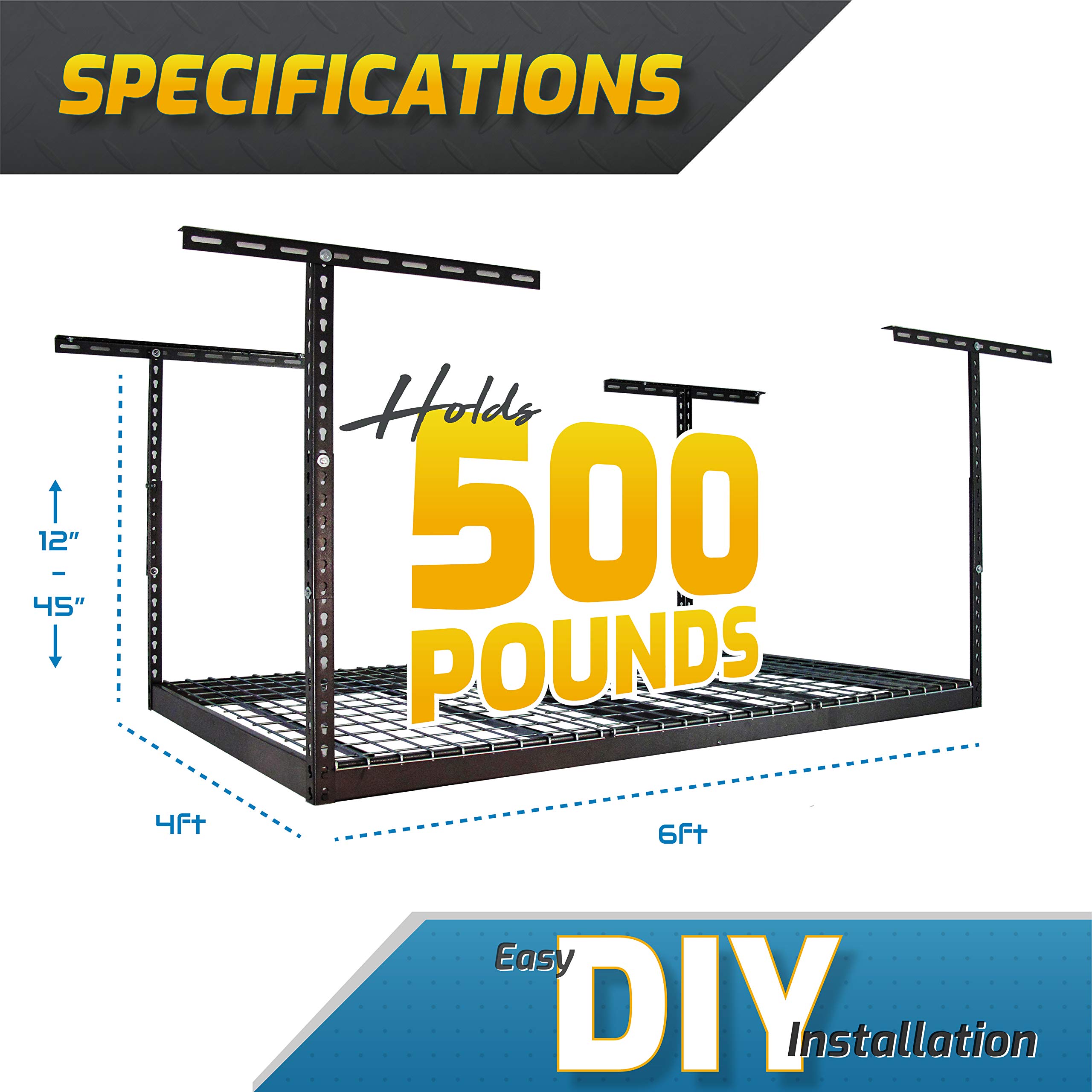MonsterRax Overhead Garage Storage Rack - Heavy Duty Racks for Garage with 500 lb Capacity, Easy Garage Shelving, Adjustable Storage Rack, Ceiling Mount Storage Shelves 4x6 Hammertone (24"-45")