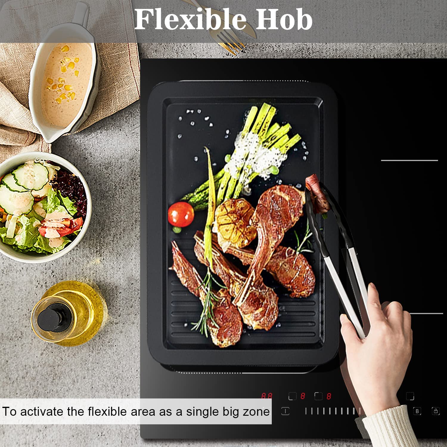 Karinear Induction Cooktop 4 Burners, 7400W 24'' Built-in Induction Stovetop with Flex Zone,Child Safety Lock, Timer, Boost, Slider Control Black Glass Electric Cooktop 220-240V Hard Wire