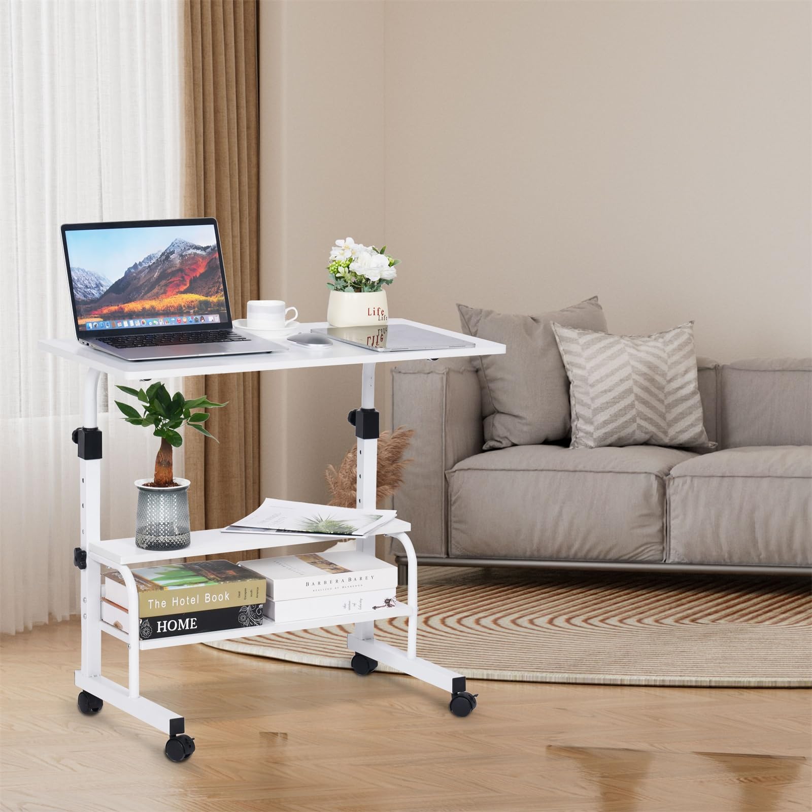 Adjustable Height Rolling Portable Desk with Wheels, Small Standing Desk Mobile 32 Inch Computer Desk for Small Space, Work Desk for Home Office with Storage Laptop Table Study Student Desk Black