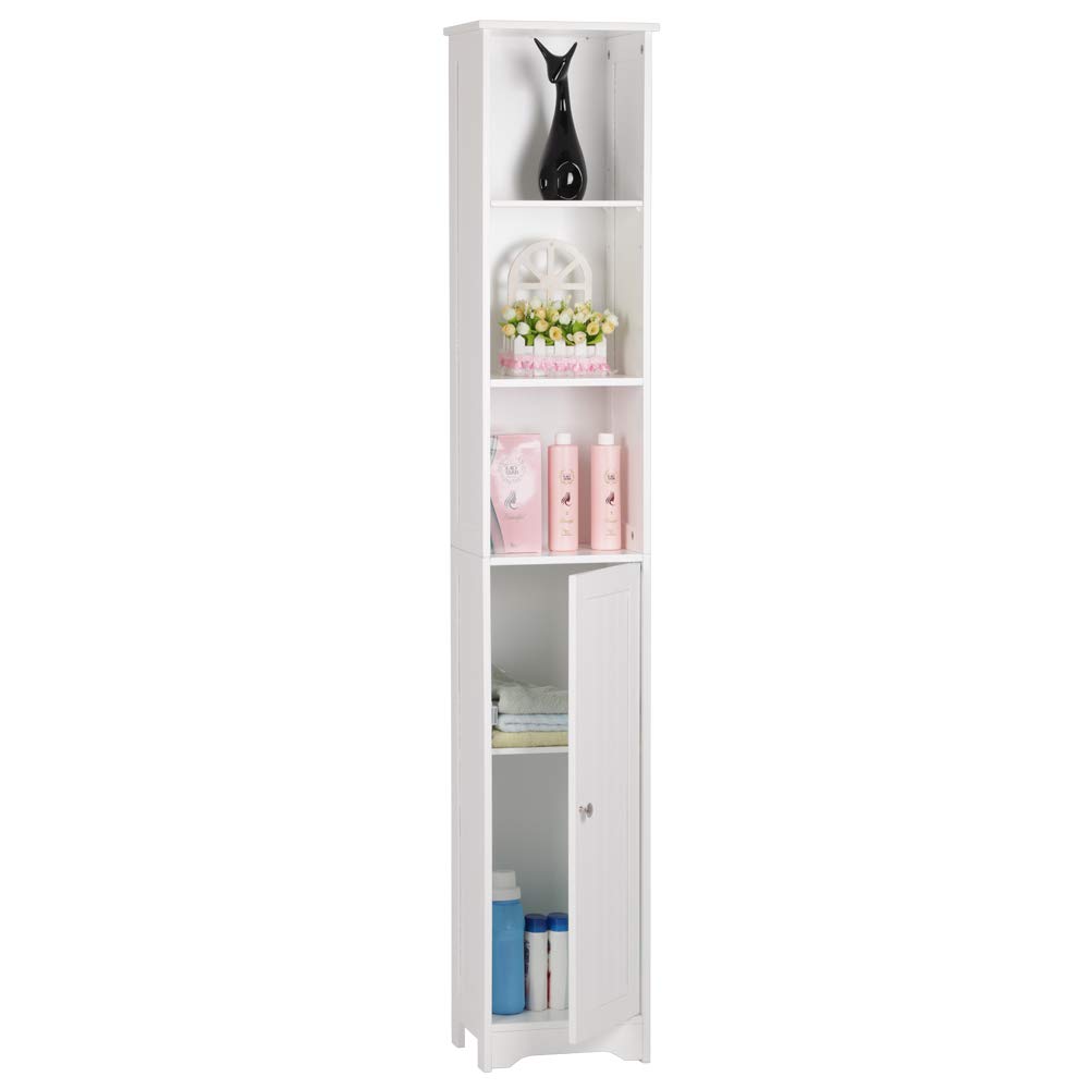 Bonnlo Narrow Cabinet, 67" Tall Slim Bathroom Storage Cabinet 12" Wide White Skinny Linen Cabinet with 3 Open Shelves Single Door Adjustable Shelf Space Saving Corner Pantry
