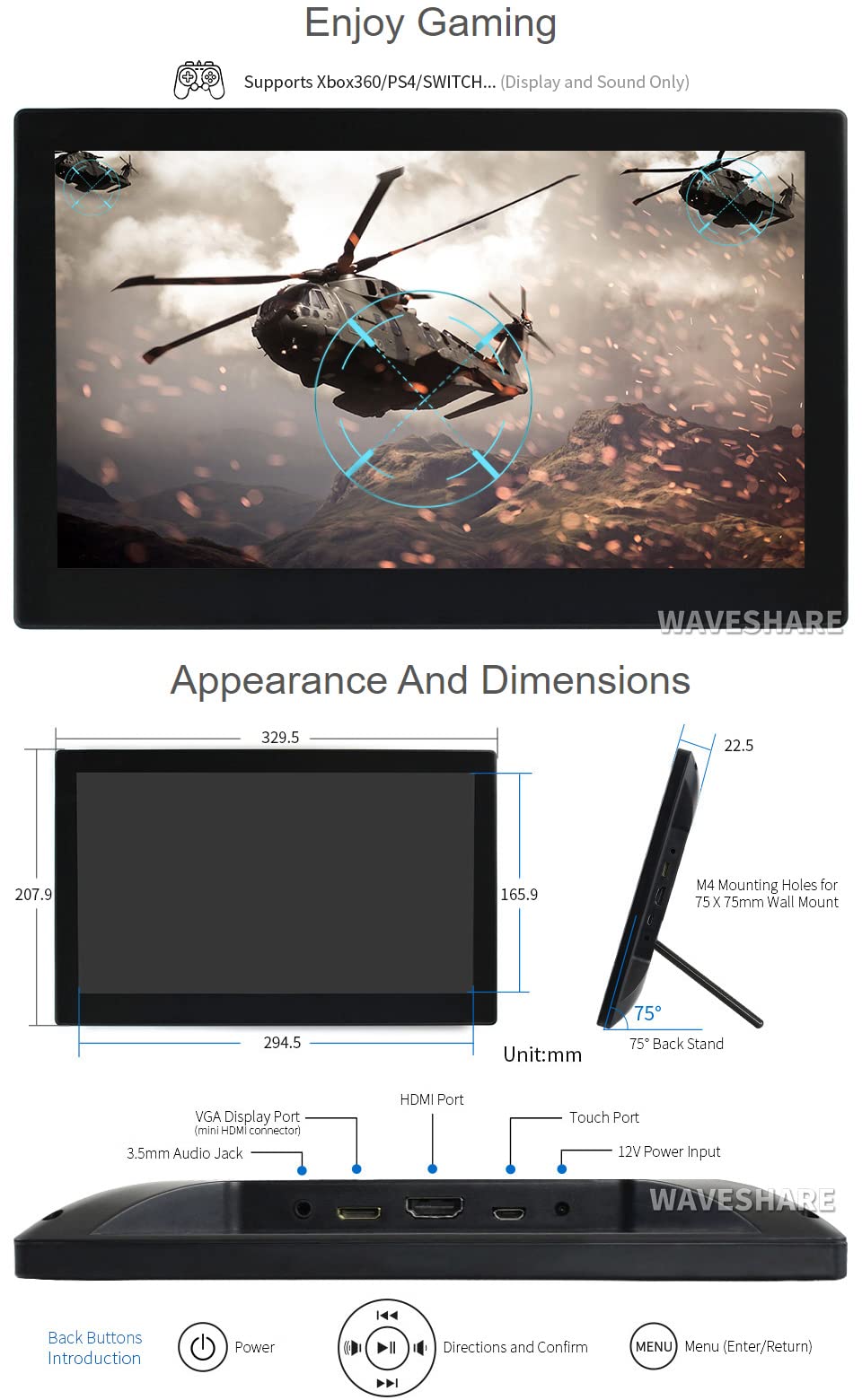 waveshare 13.3inch Capacitive Touch Screen LCD V1, with Case and Toughened Glass Cover, 1920×1080, HDMI, IPS,