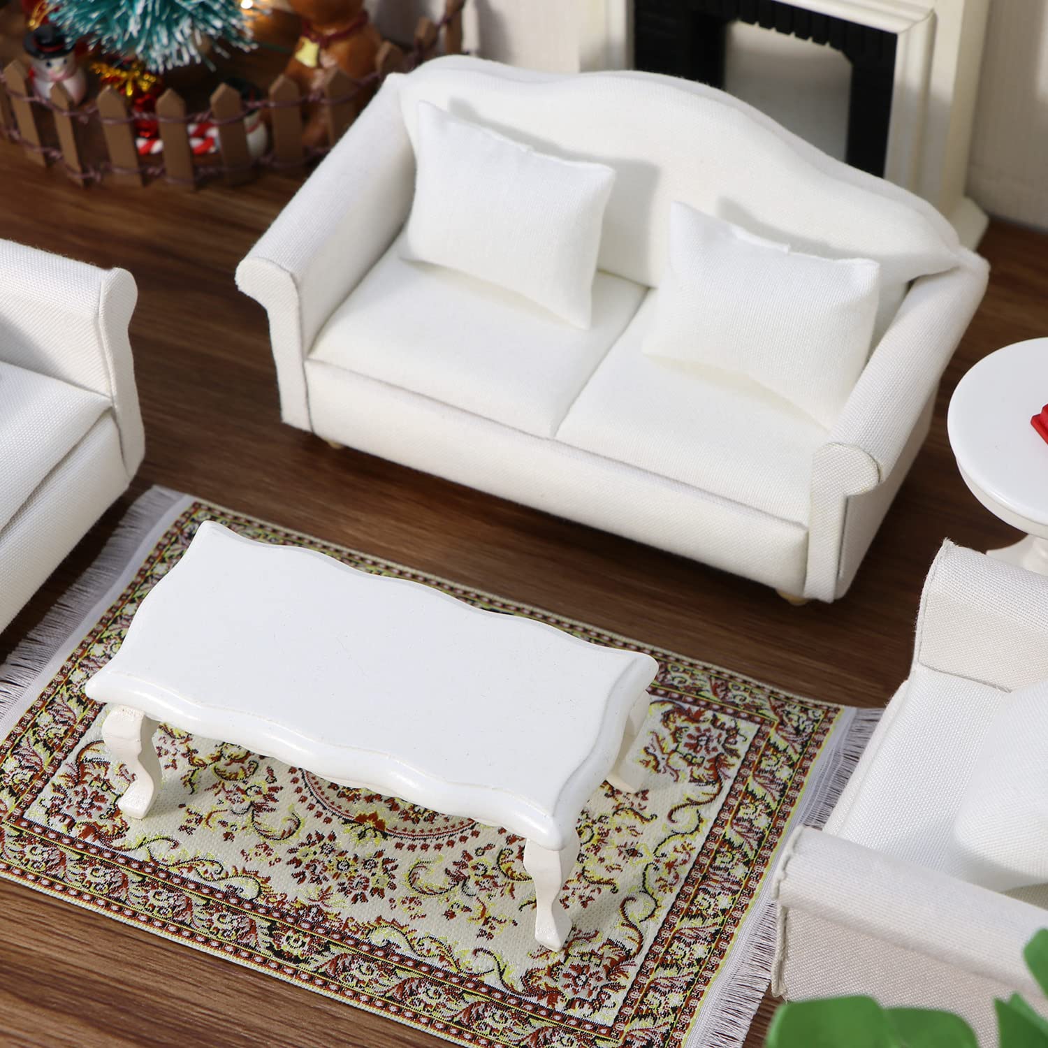 Dollhouse Couch Miniature Furniture Sofa with Pillows for Living Room Desktop Decoration Fabric Sofa Mini Home Scene Accessories Ornament (Double Sofa, White)
