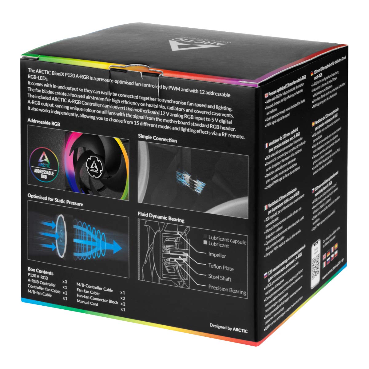 ARCTIC BioniX P120 A-RGB (3 Pack, incl. A-RGB Controller) - 120 mm Pressure-Optimised Fan with A-RGB, PWM, Cooler, Fluid Dynamic Bearing, 400-2300 RPM - Black