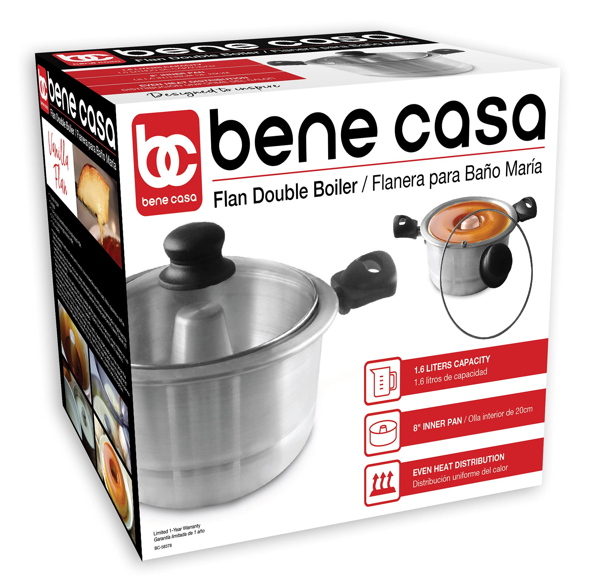 Bene Casa - Aluminum Flan Mold Double Boiler with Glass Lid (1.6 Liter) - Includes Aluminum Inner Pan (8") - Dishwasher Safe