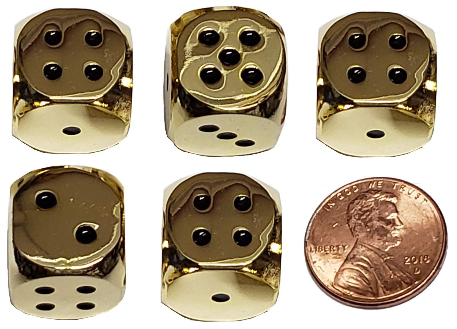 Cyber-Deals Set of (5) Solid Zinc Alloy Metal Polished Finish 16mm Dice, Rounded Corners with Black Velvet Cloth Pouch (Gold with Black Dots)