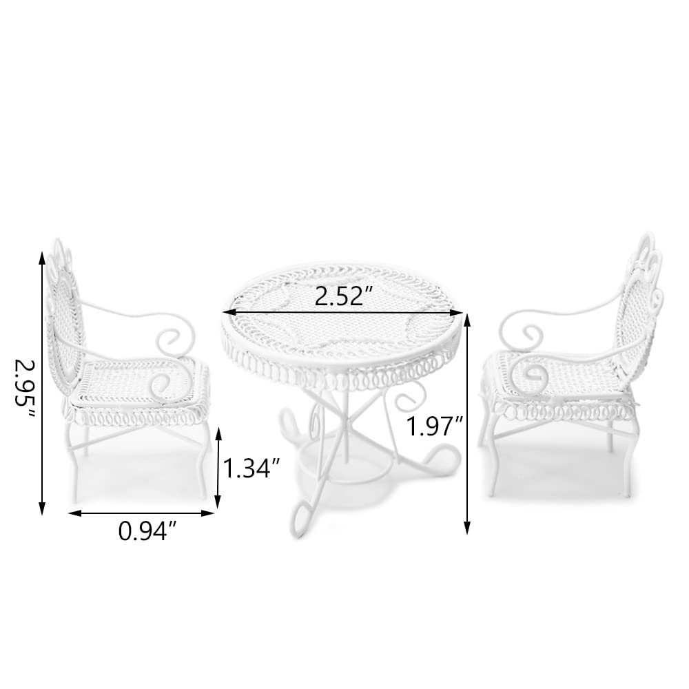 Dollhouse Miniature Bistro Table & Chairs Set Accessories Metal 1:12 Scale Miniatures White Coffee/Tea Furniture Fairy Garden Cute Rustic Elegant Decorations Ornaments (A)