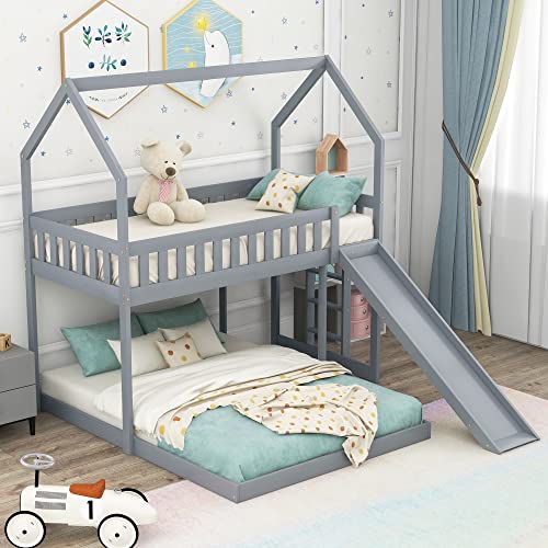 GLORHOME Twin Over Full House Bunk Bed, Detachable to Floor Bedframe and A Loftbed, with Slide, Built-in Ladder,Full-Length Guardrail for Kids Adults,Roof can be Decorated